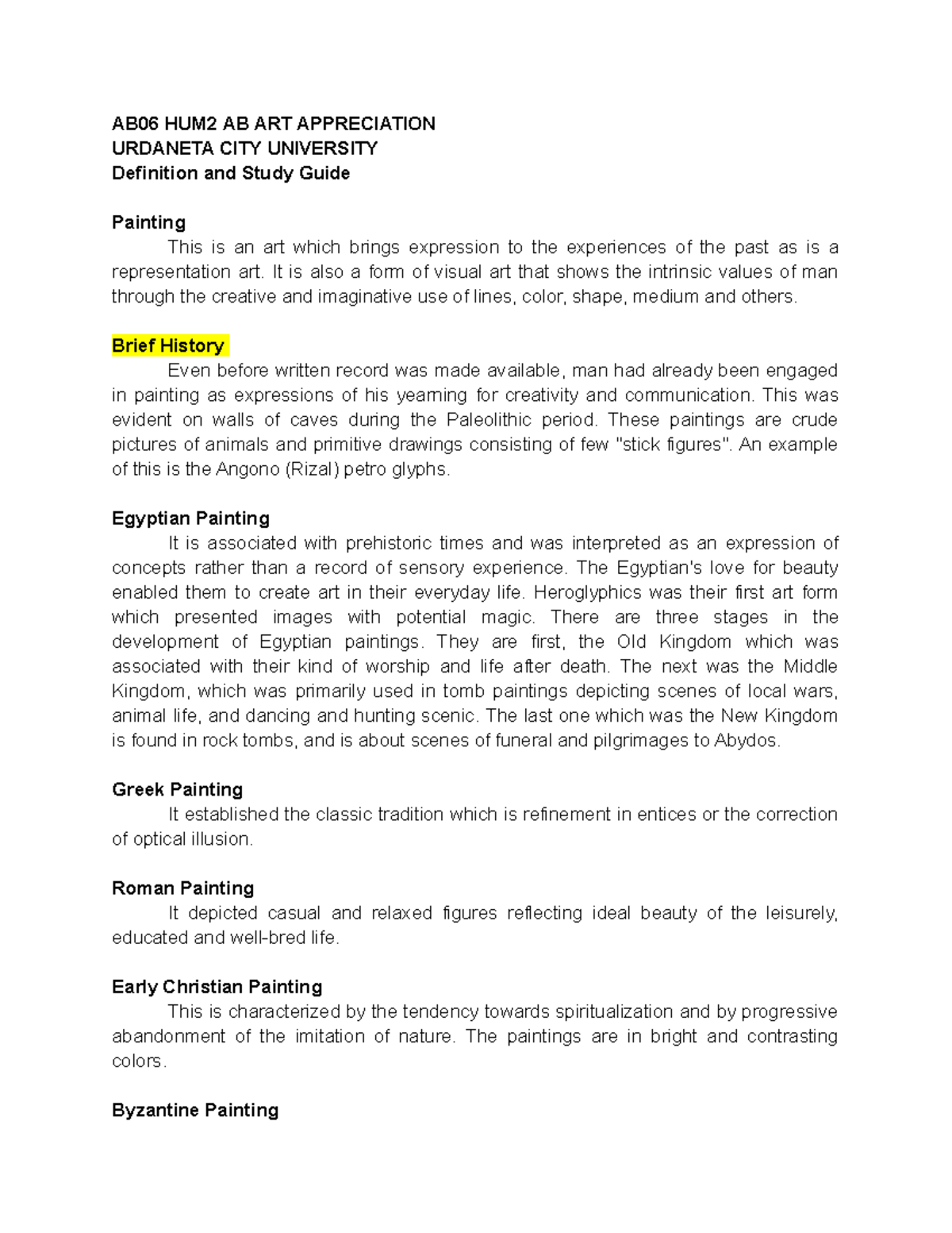 ART Appreciation ( Painting) - AB06 HUM2 AB ART APPRECIATION URDANETA ...