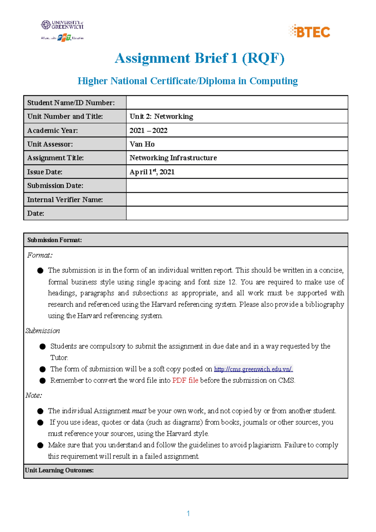 1 Unit 2 - Assignment brief 1 - Networking - FPT - Studocu