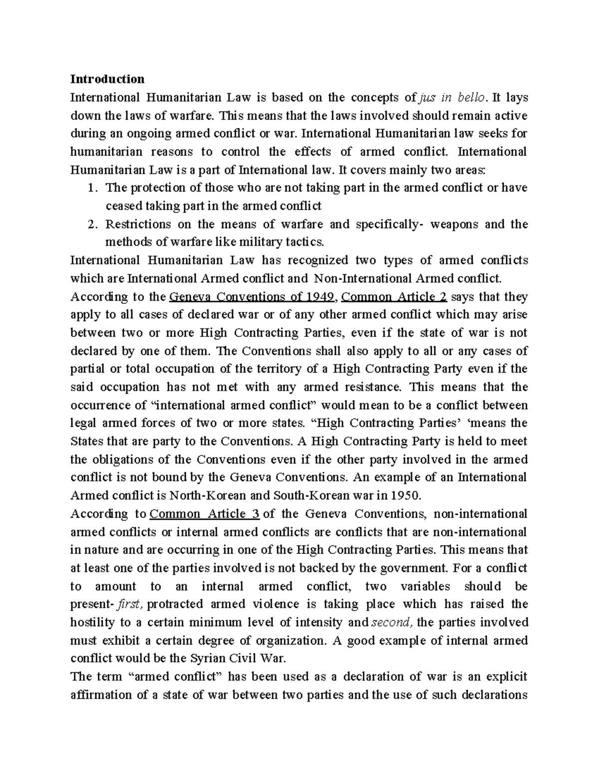 IHL Notes - Summary BALLB - Introduction International Humanitarian Law ...