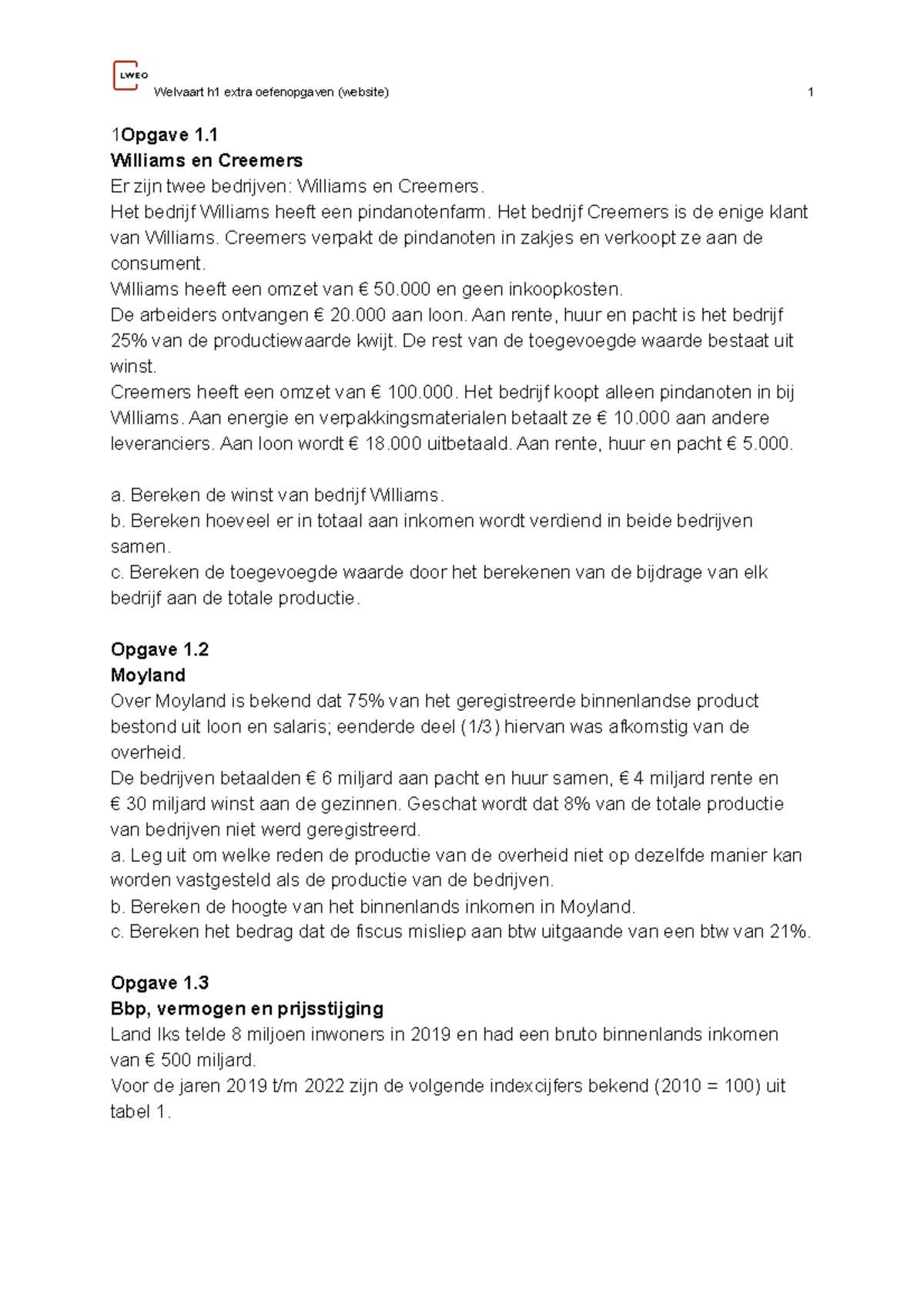 Welvaart h1 extra oefenopgaven website 2021 - 1 Opgave 1. Williams en ...