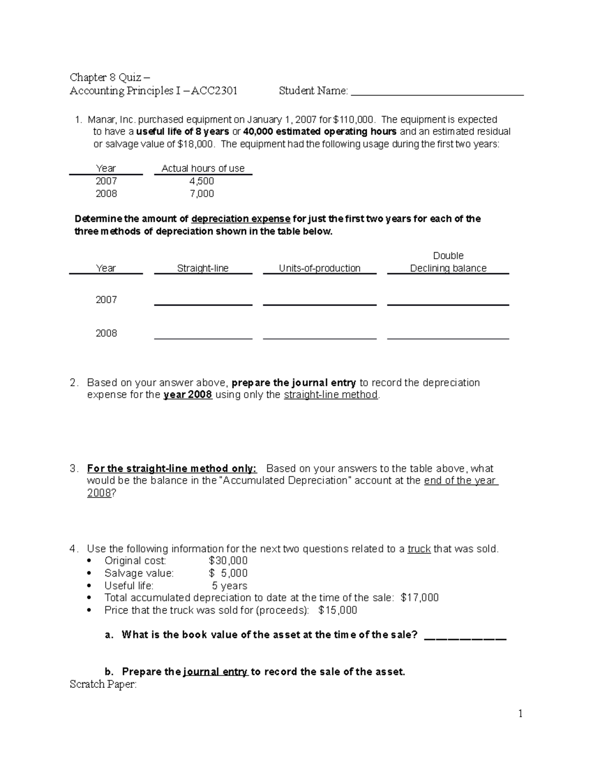 ACC- Quiz 8- Depreciation - Chapter 8 Quiz – Accounting Principles I ...