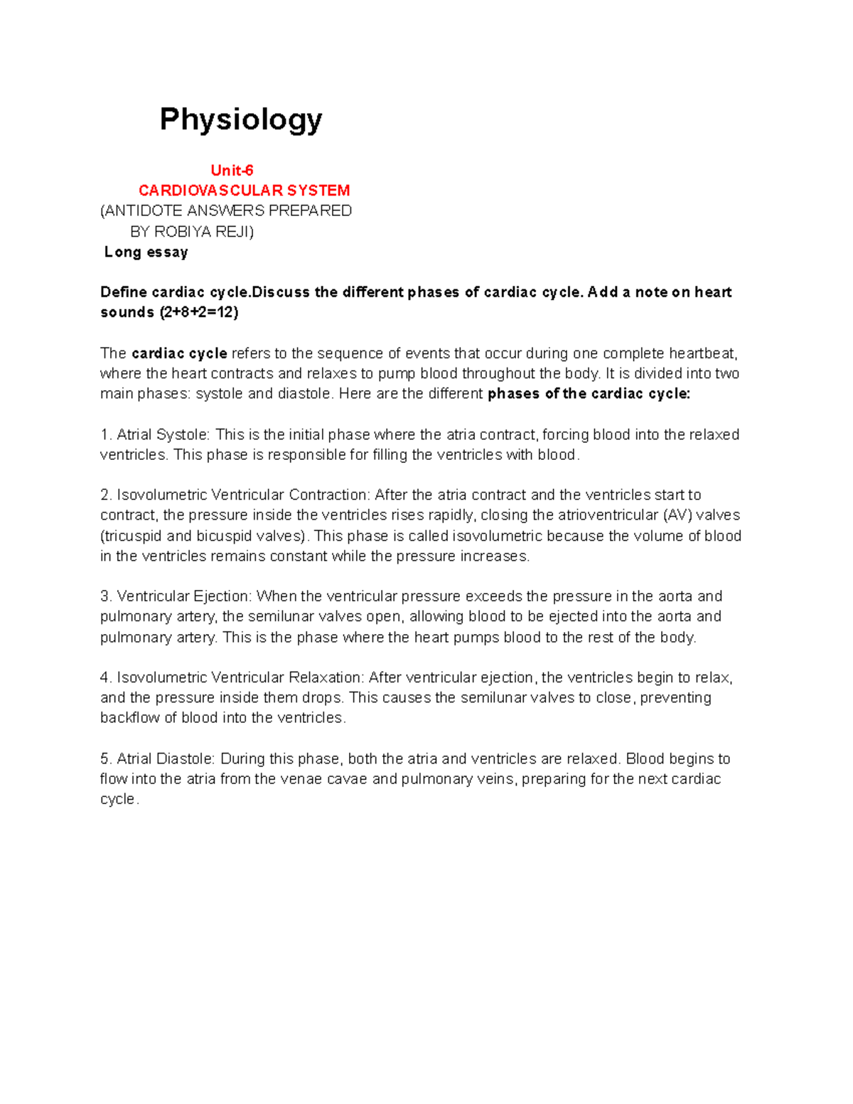 Important Questions and Answers of Cardiovascular system - Physiology ...