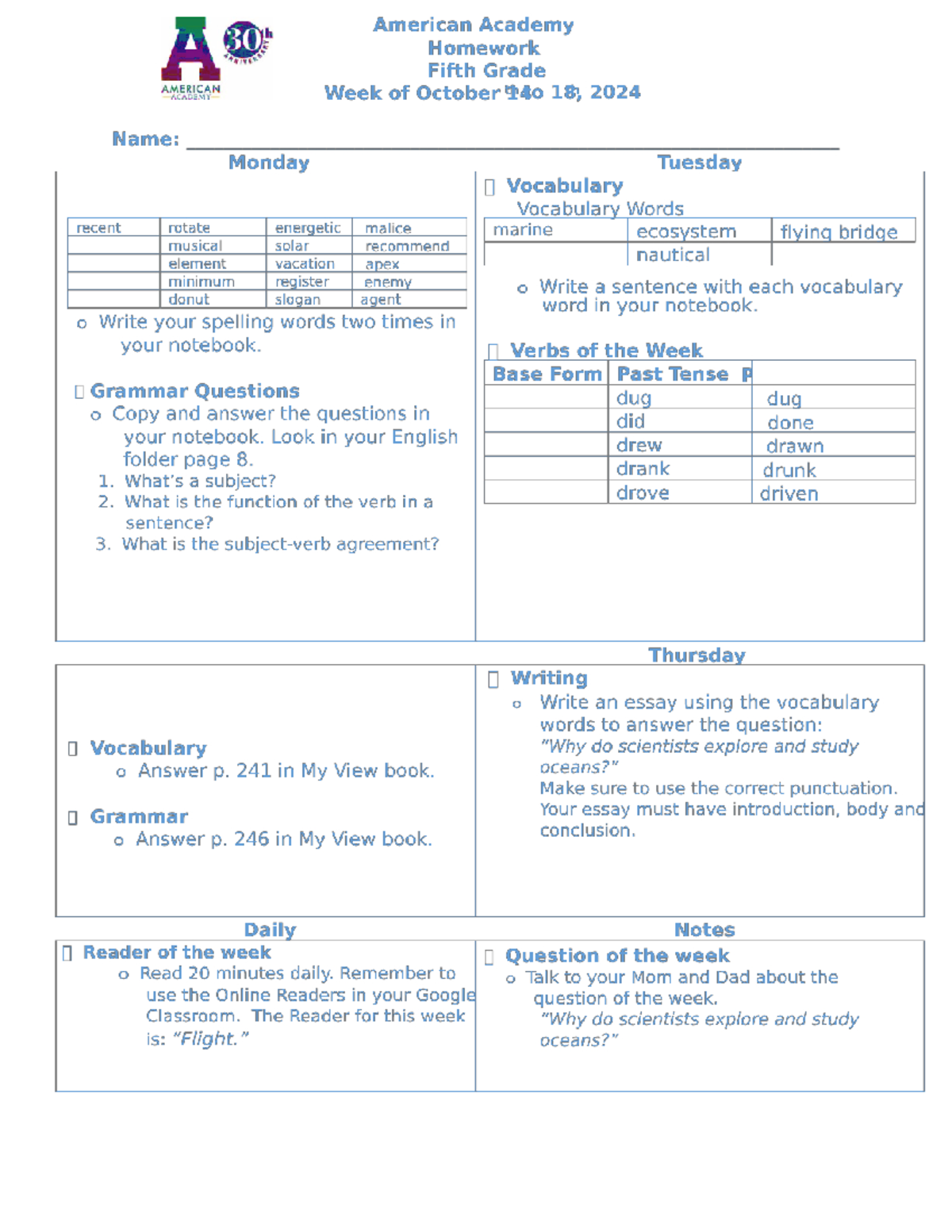 Fifth Grade Homework (1)-pdf - American Academy A Homework Fifth Grade AMERICAN Week of October ...