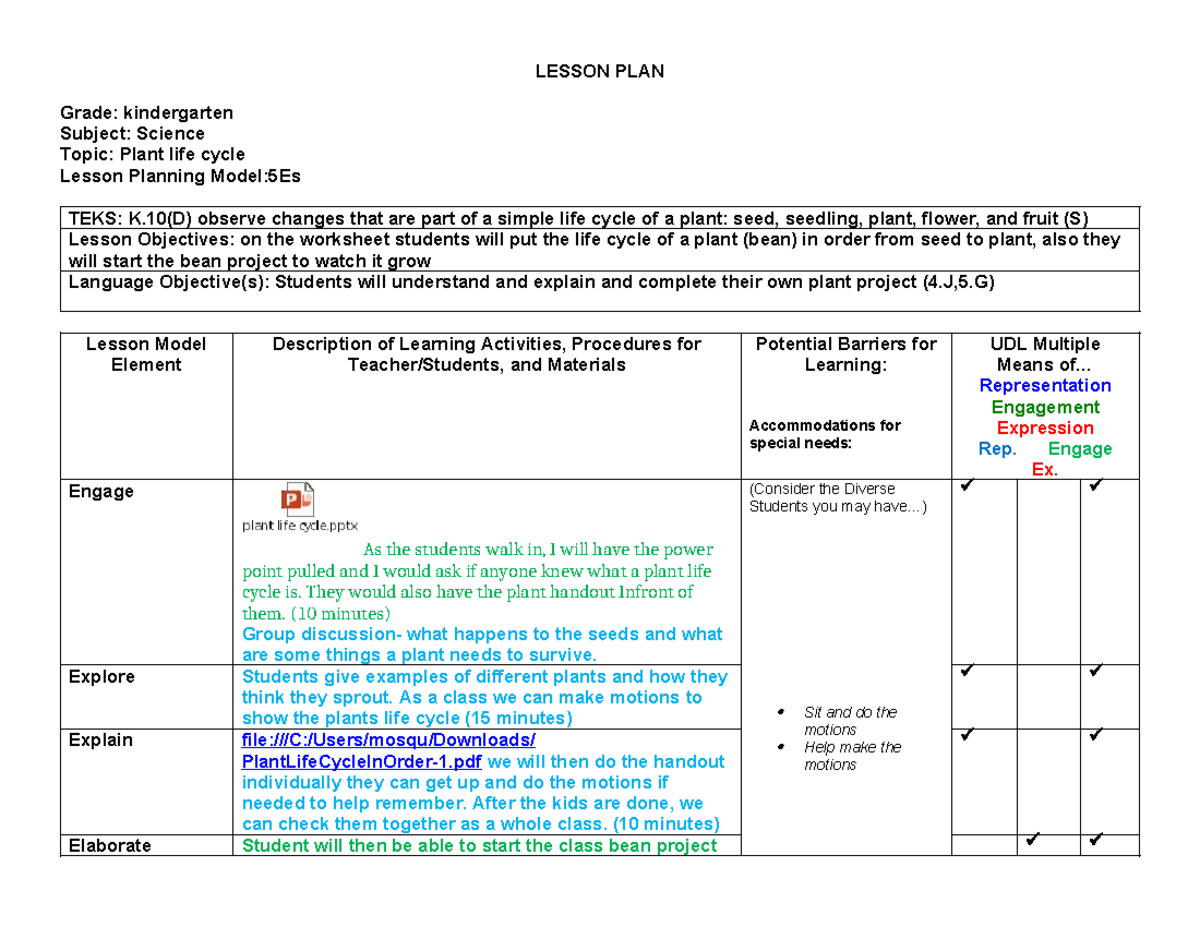 2301 Lesson PLAN finial - LESSON PLAN Grade: kindergarten Subject ...