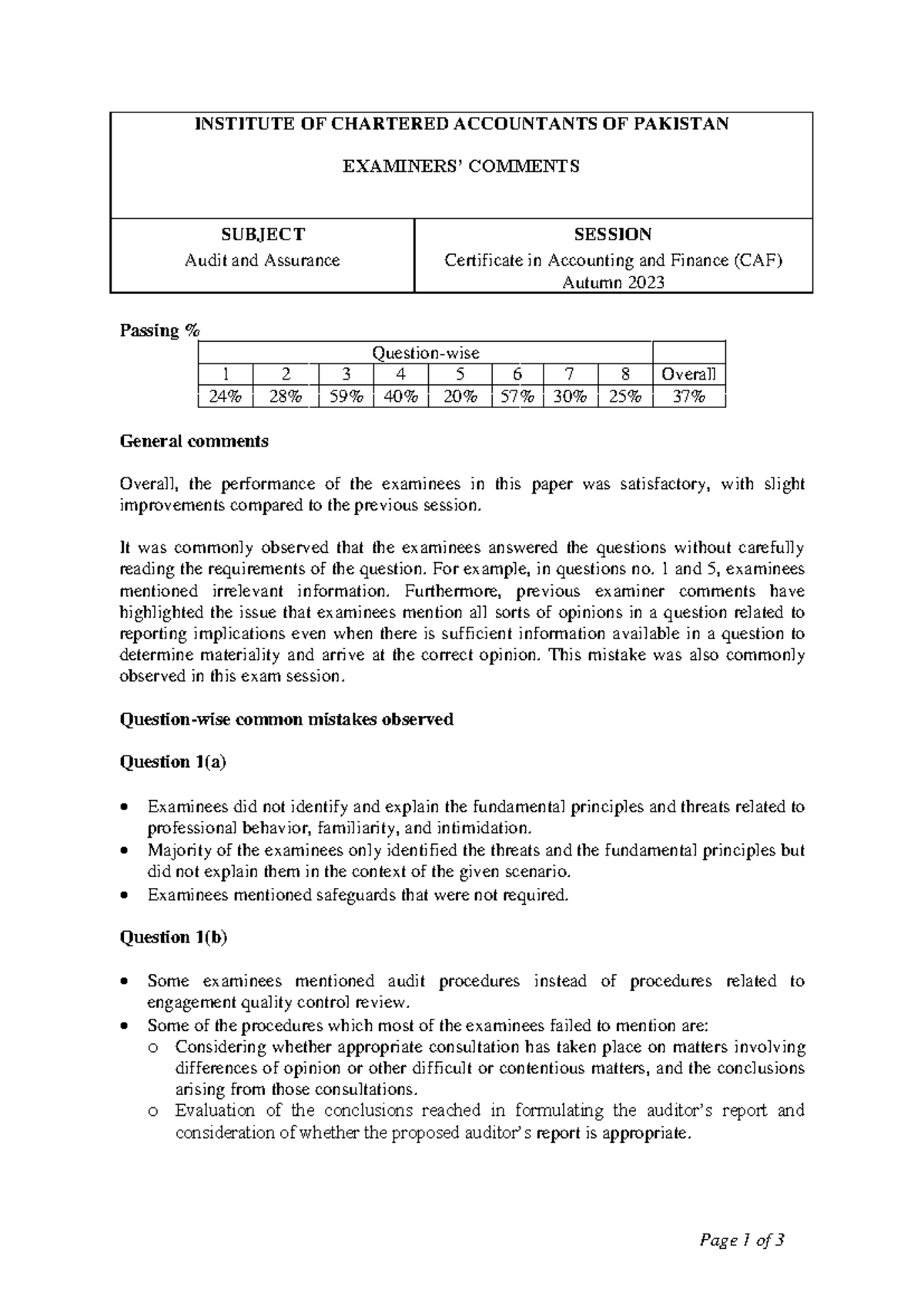 CAF 8 AA Autumn 2023 - exam comments - Page 1 of 3 INSTITUTE OF ...