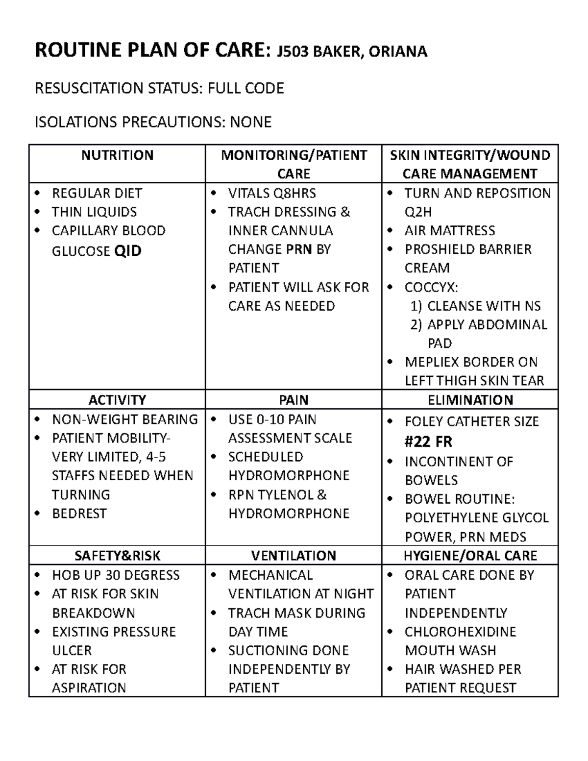Patients Routine PLAN OF CARE - ROUTINE PLAN OF CARE: J503 BAKER ...