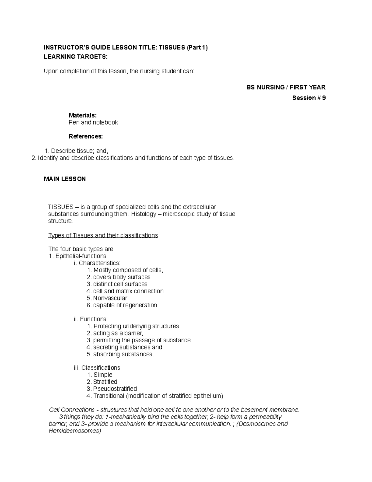 Anaphy LAB SAS 9 - INSTRUCTOR’S GUIDE LESSON TITLE: TISSUES (Part 1 ...