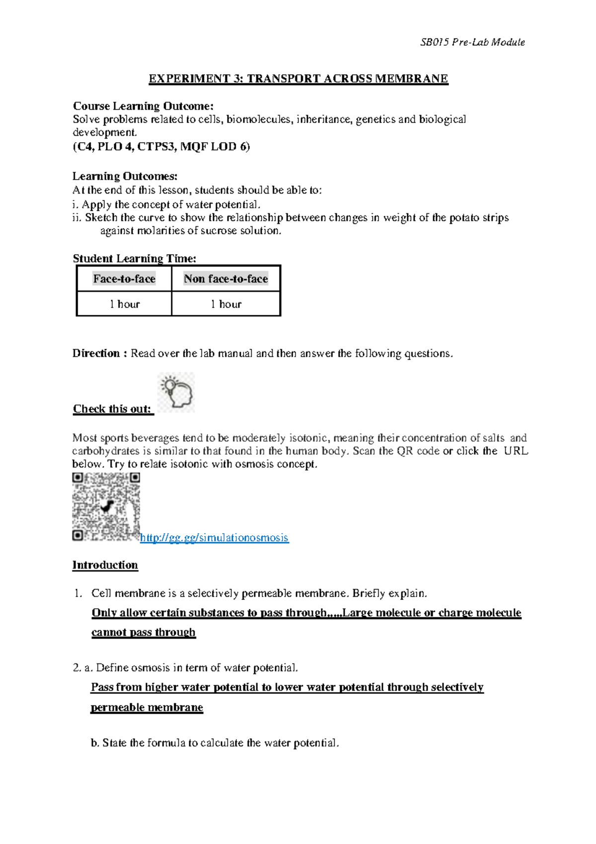 Prebio 3 - Sb015, prelab - SB015 Pre-Lab Module EXPERIMENT 3: TRANSPORT ...
