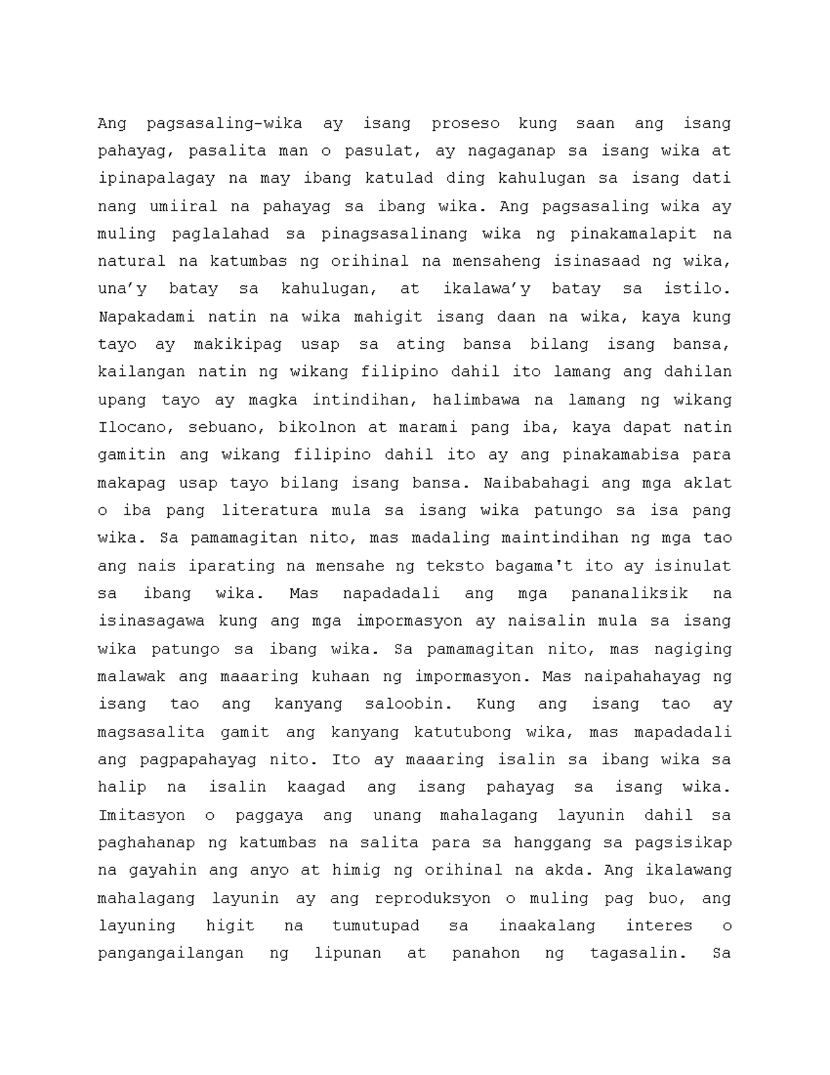 Filipino Materials 3 - LectureNotes - Ang pagsasaling-wika ay isang ...