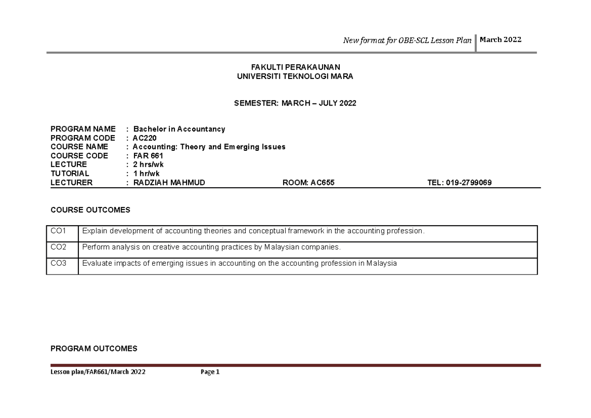 FAR661 Lesson PLAN March 2022 - FAKULTI PERAKAUNAN UNIVERSITI TEKNOLOGI ...