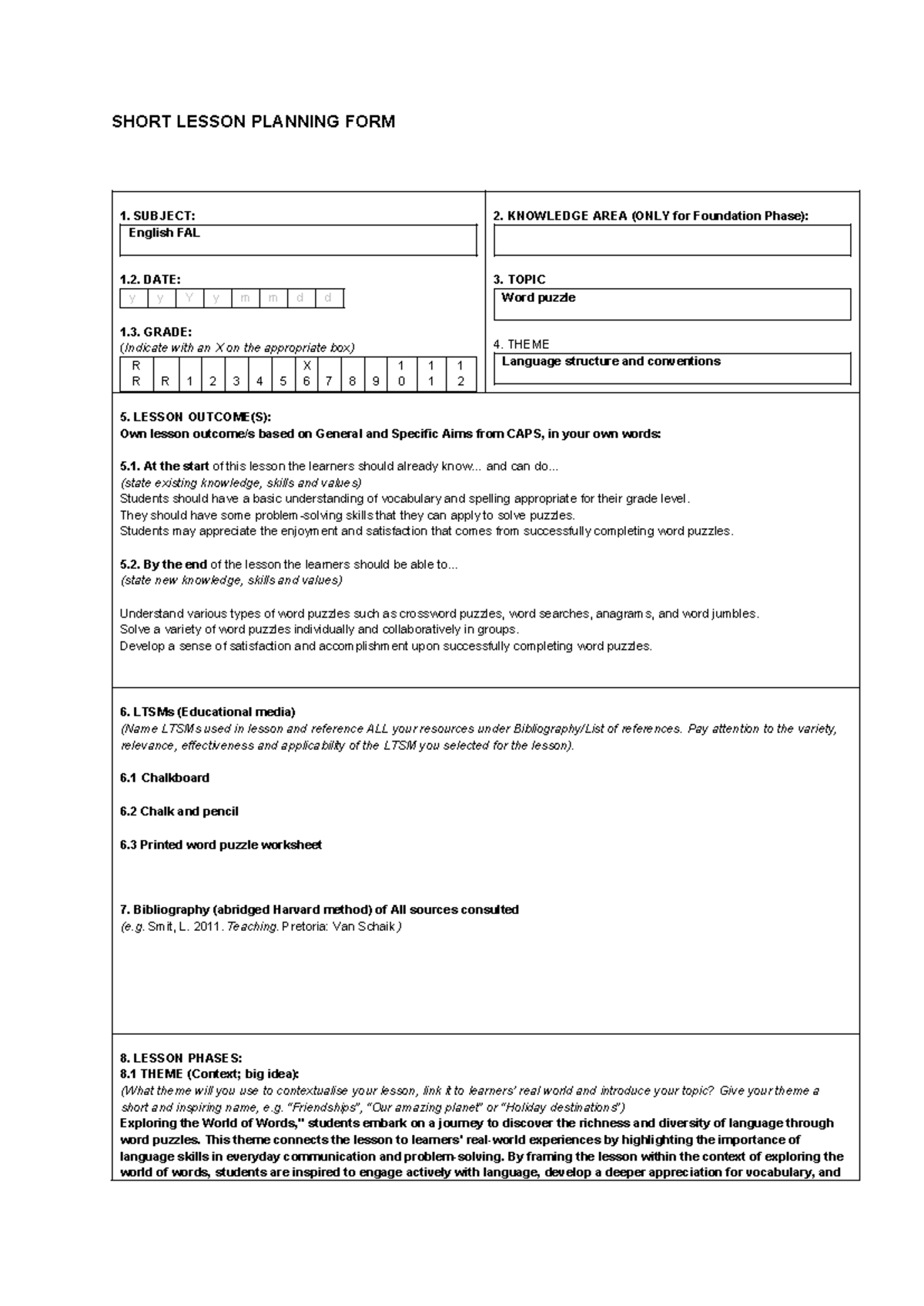 TUKS Short Lesson plan 4 - SHORT LESSON PLANNING FORM 1. SUBJECT ...