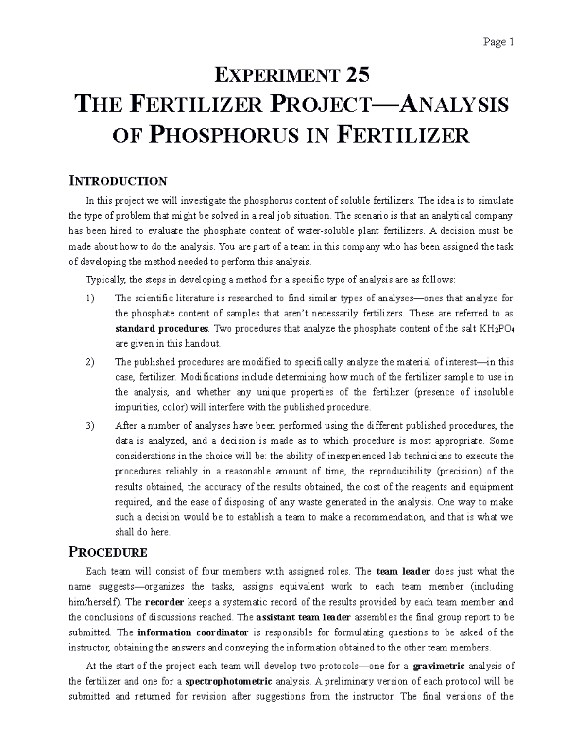 Uof C GL07 Lab - Fertilizer Lab - EXPERIMENT 25 THE FERTILIZER PROJECT ...