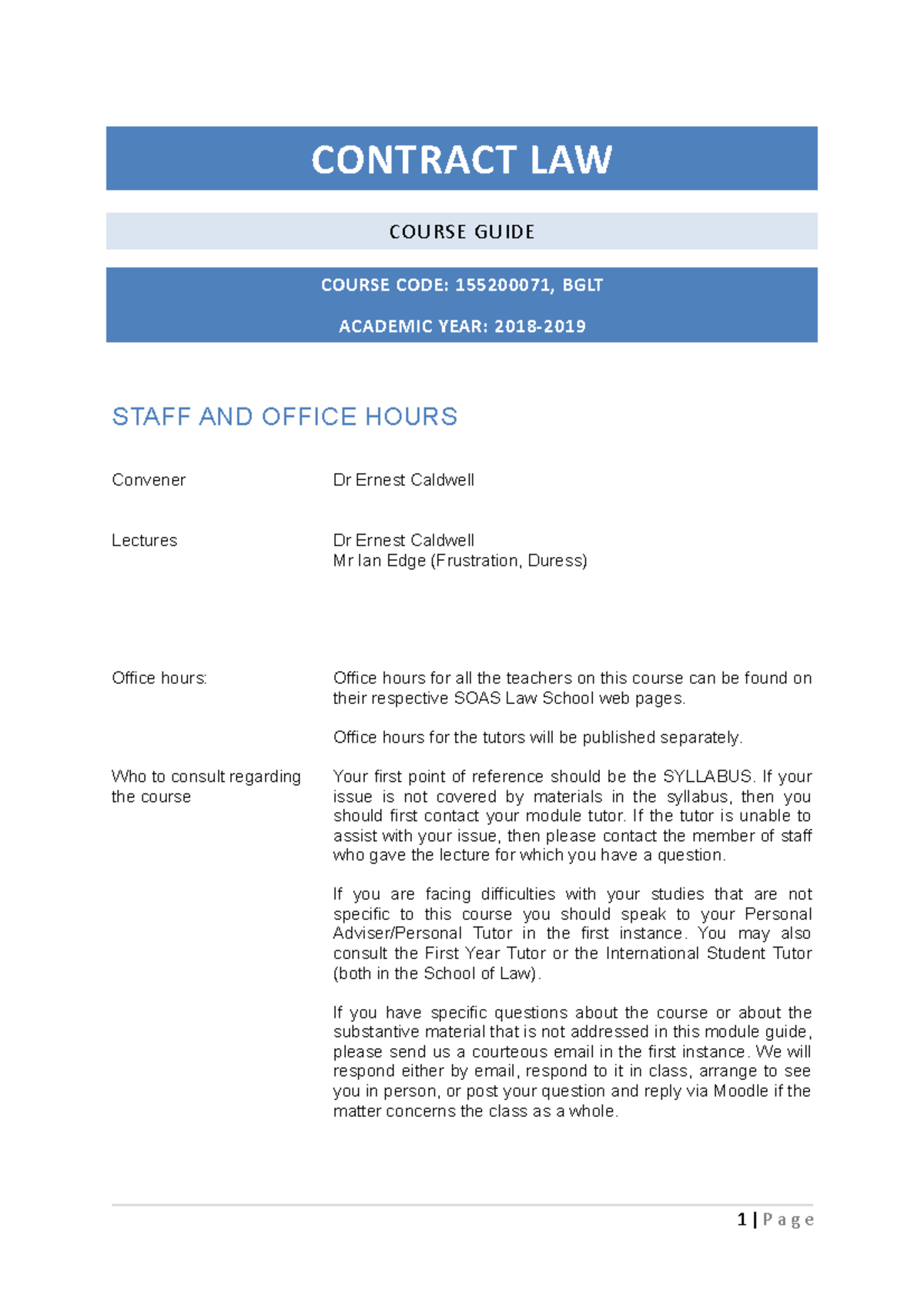 Module Outline Contract Law 2018-19 - CONTRACT LAW COURSE GUIDE COURSE ...