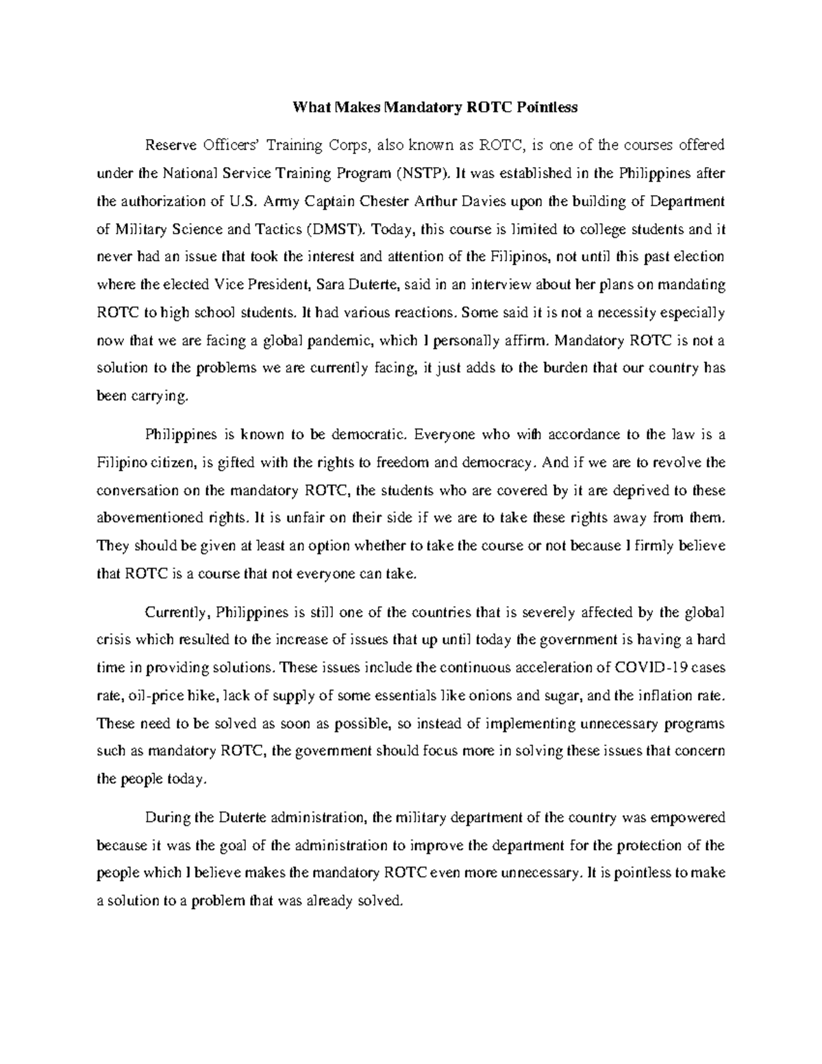 Aguinaldo, Ivan Positionpaper - What Makes Mandatory ROTC Pointless ...