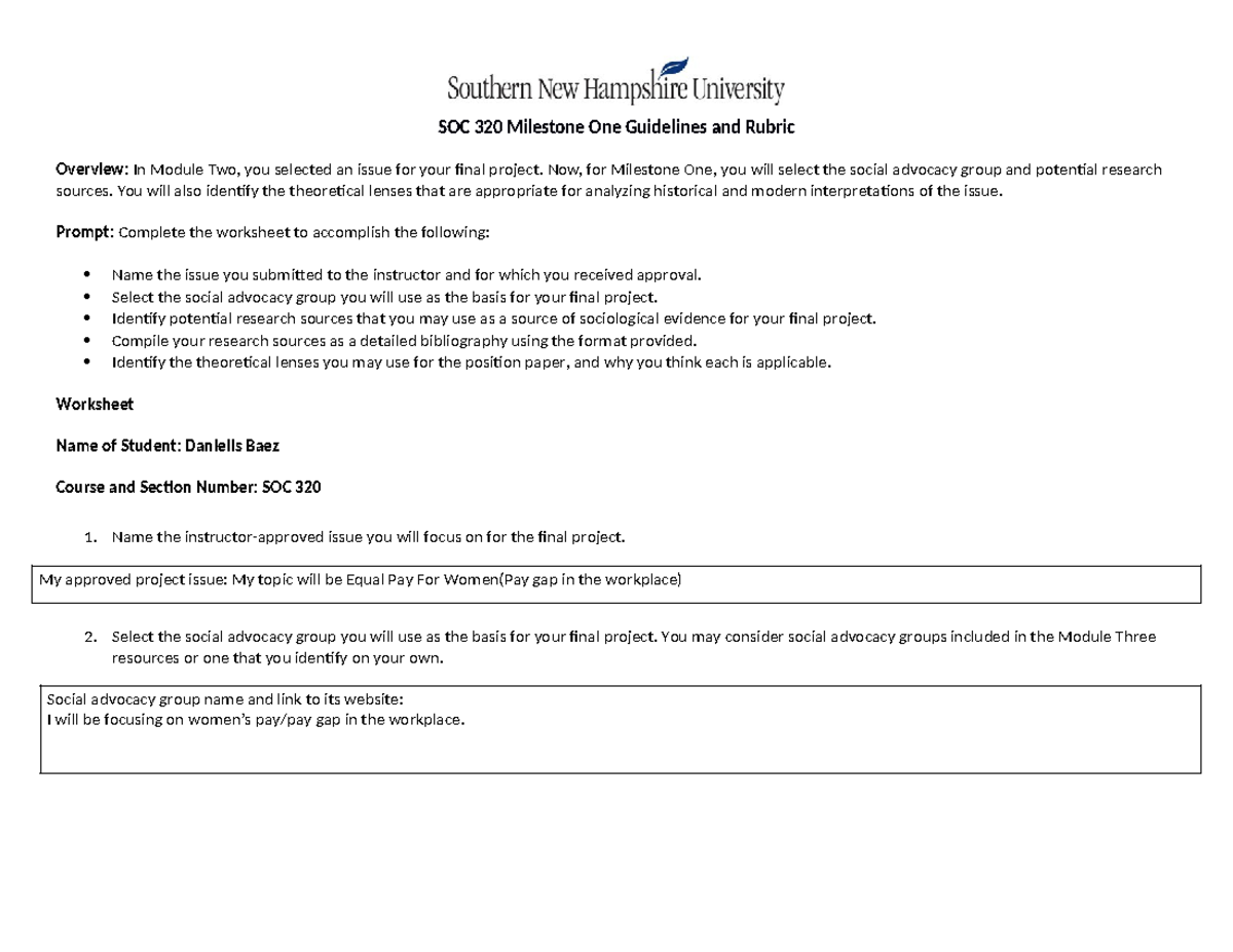 SOC 320 Milestone One - Assignment - SOC 320 Milestone One Guidelines ...