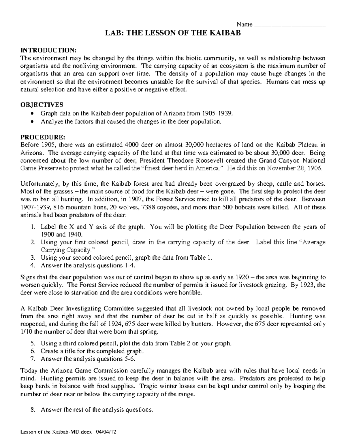 Kaibab Deer Activity - Lesson of the Kaibab-MD 04/04/ Name ...