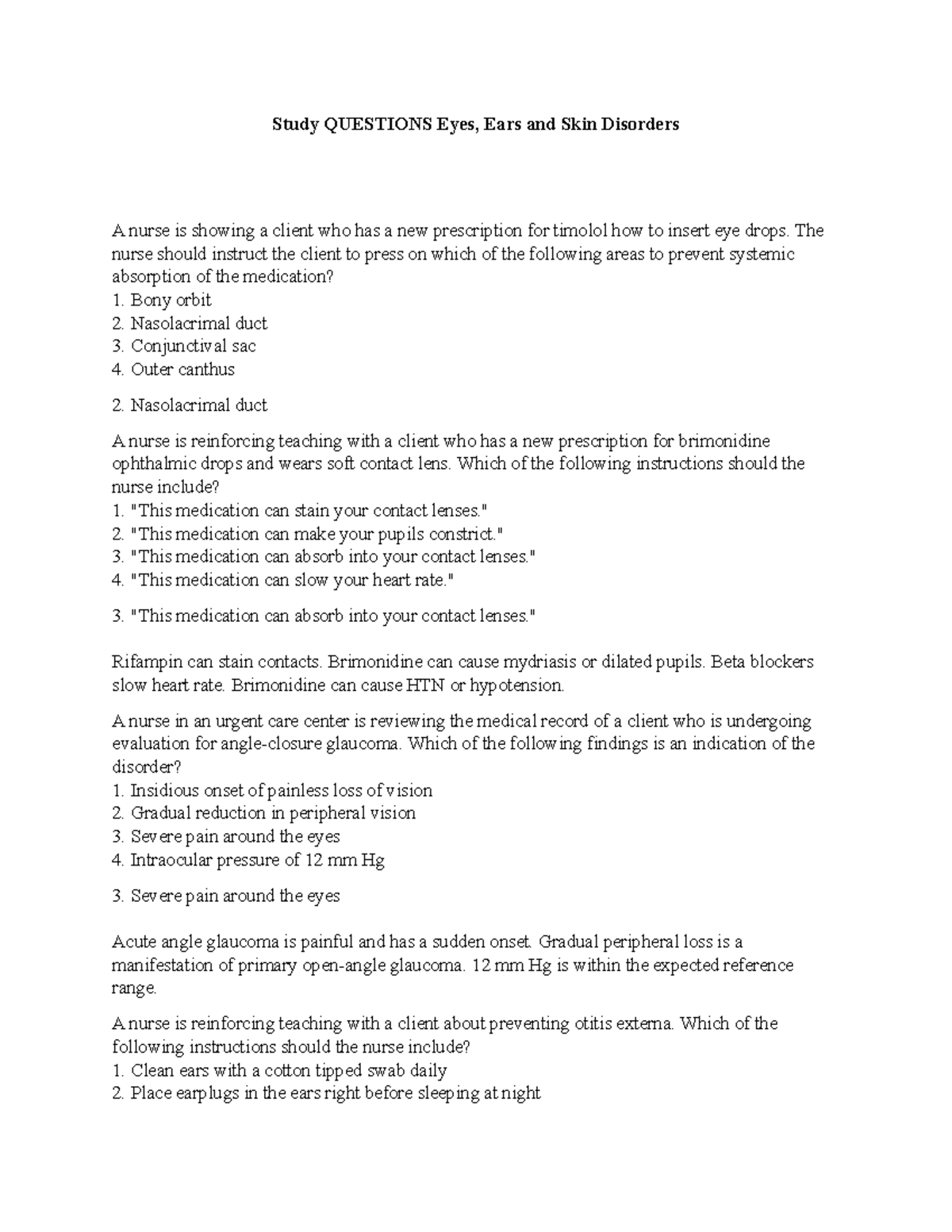 Study Questions Eyes - Study QUESTIONS Eyes, Ears and Skin Disorders A ...