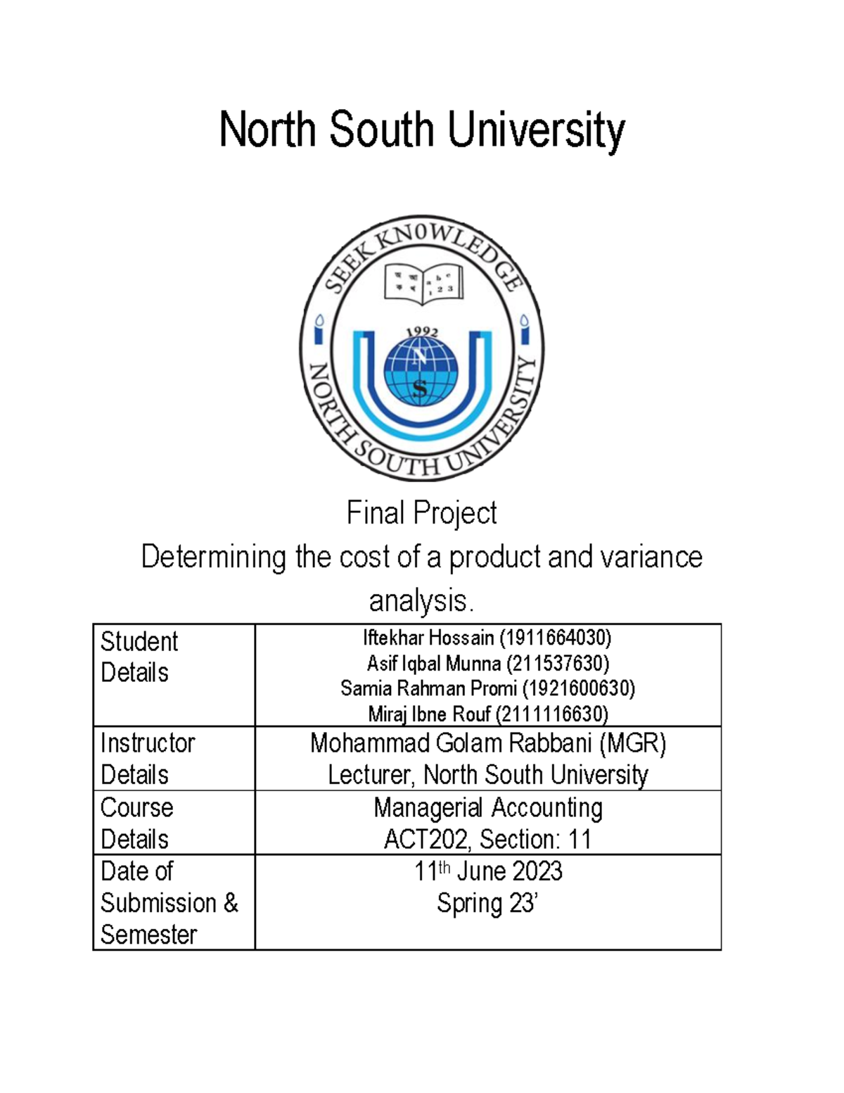 Act202 Master Budget (Final Project) - North South University Final ...
