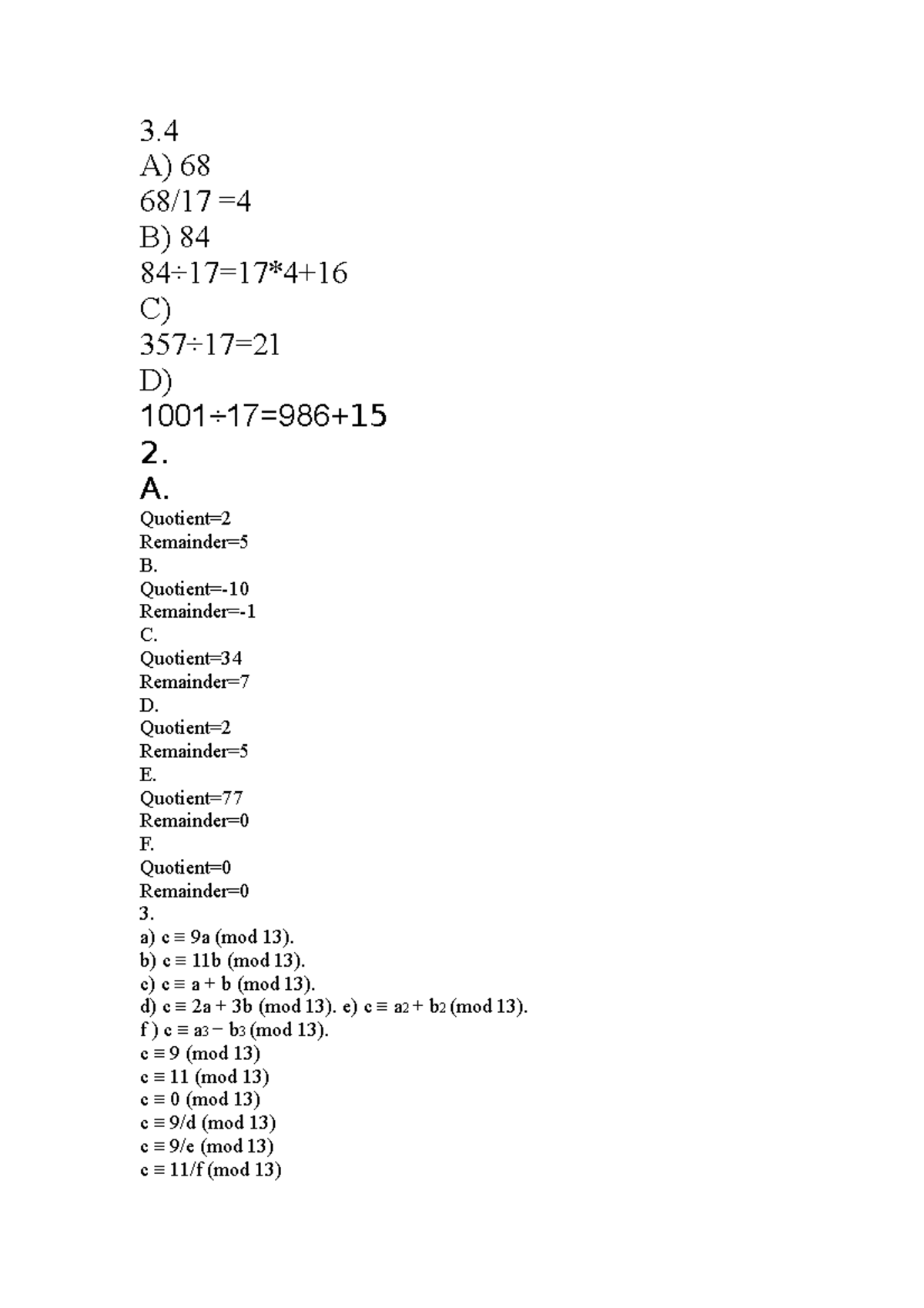 3 - 3.4 - A) 68 68/17 = B) 84 84÷17=17* 4 + C) 357÷17= D) 1001÷17= 986 ...