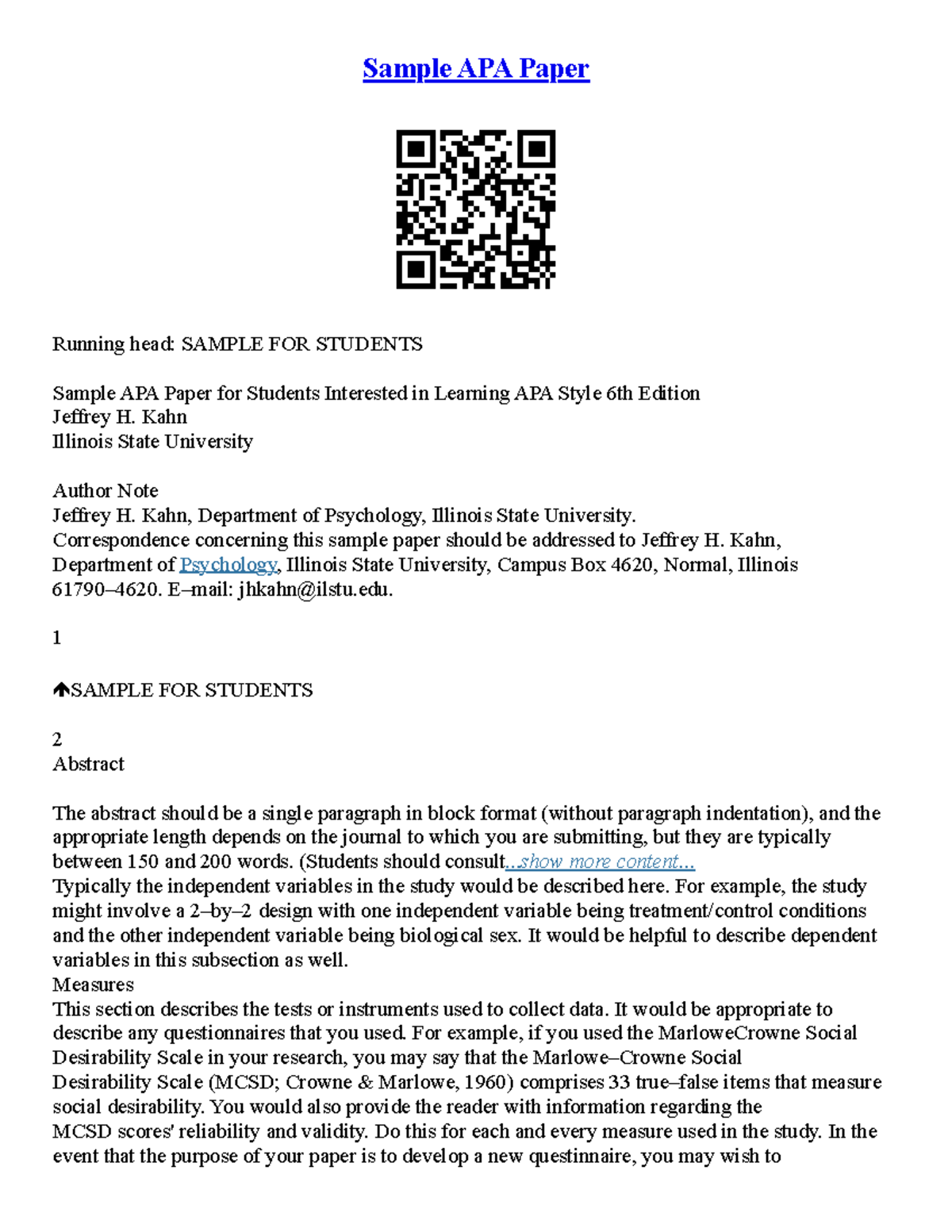 Apa Sample Essay Sample APA Paper Running Head SAMPLE FOR STUDENTS