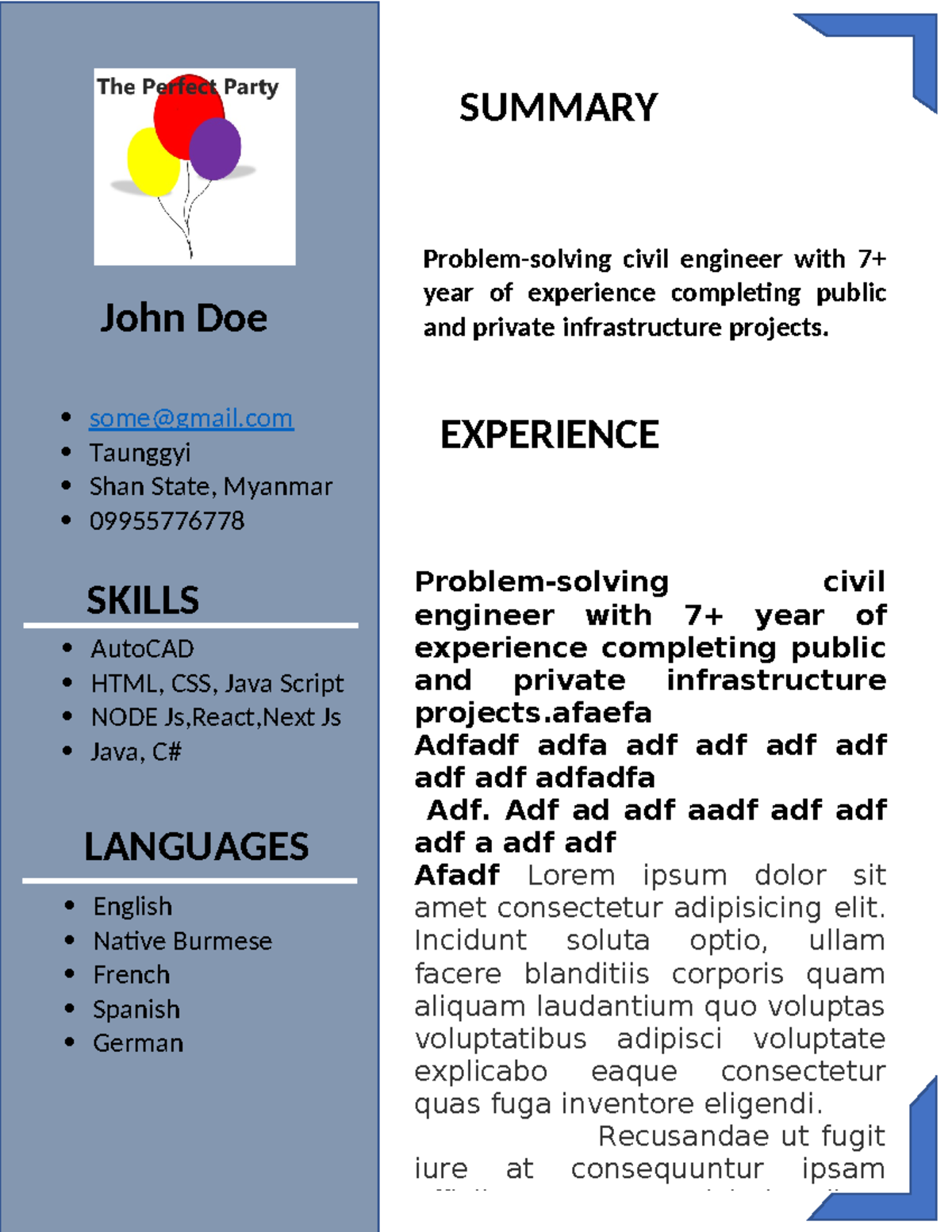 John Doe CV format - this is test data - John Doe some@gmail Taunggyi ...