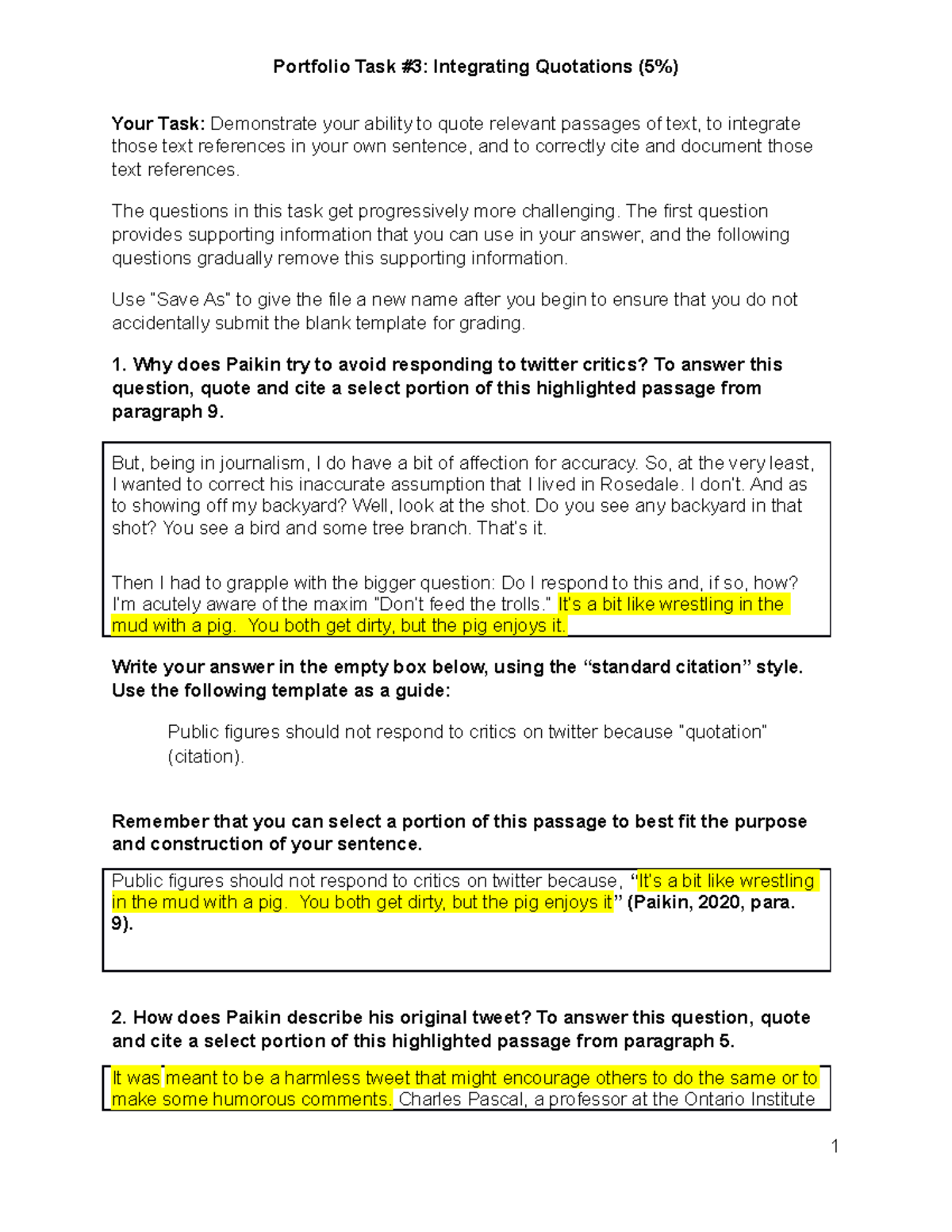 Integrating Quotations - The questions in this task get progressively ...