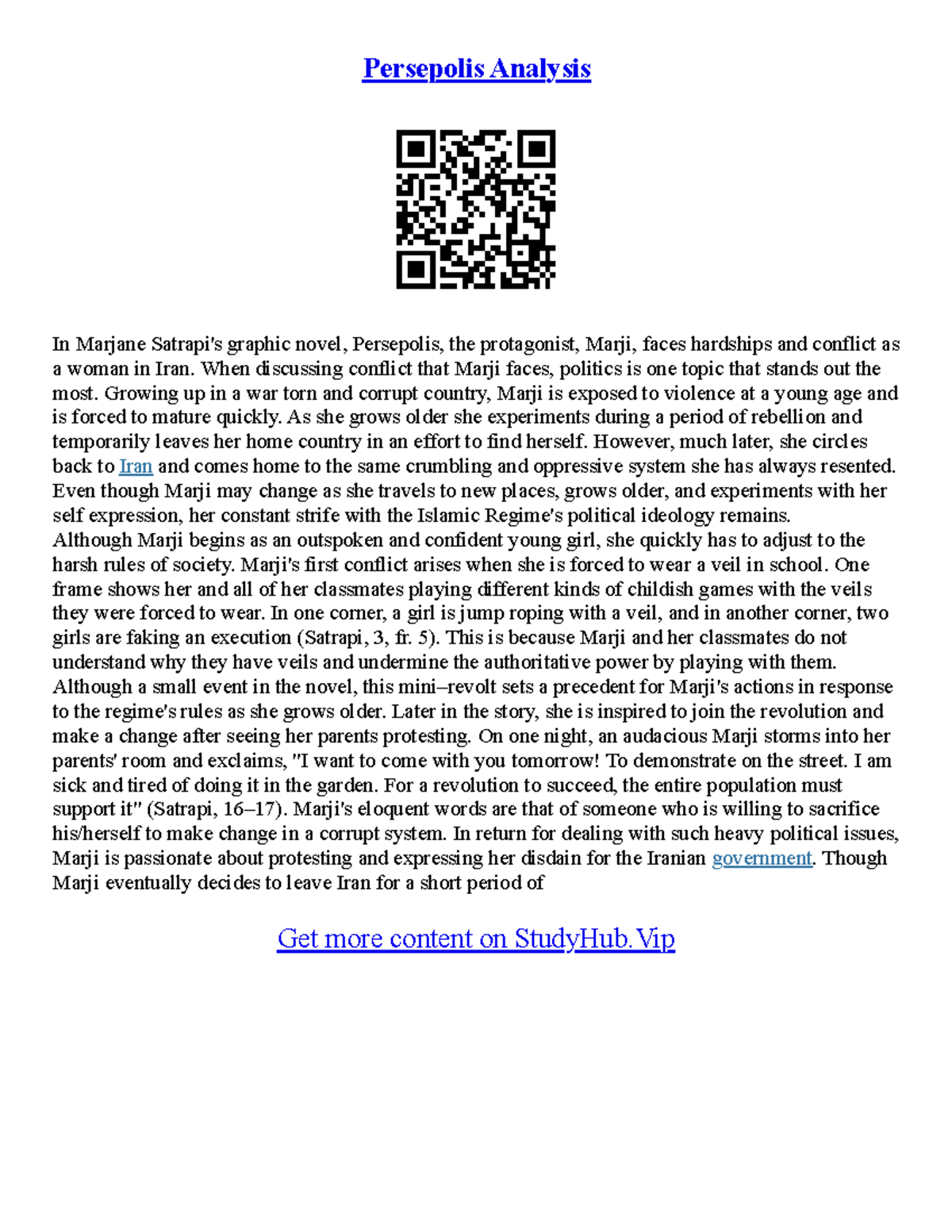 Essay On Persepolis - Persepolis Analysis In Marjane Satrapi's graphic ...