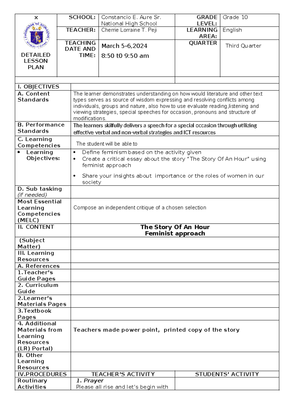 Detailed lesson plan in Feminist - x DETAILED LESSON PLAN SCHOOL ...