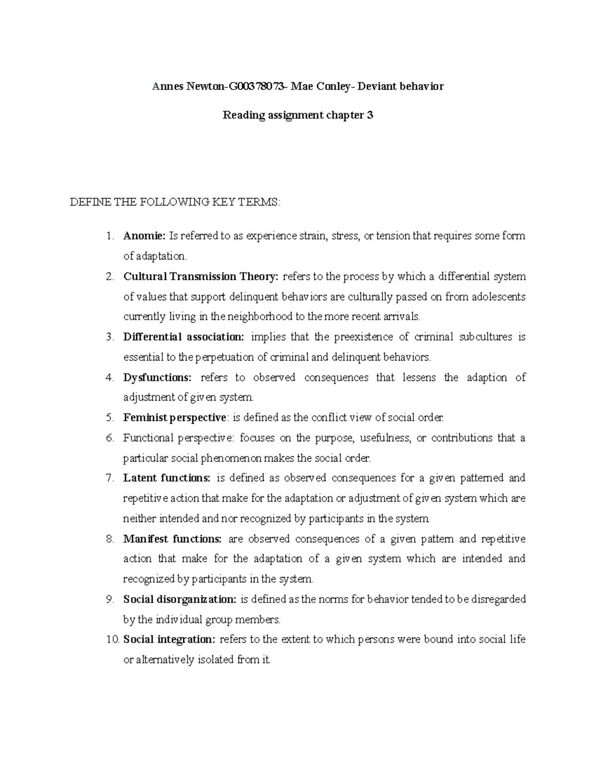 Deviant behavior reading assignment 3 - Annes Newton-G00378073- Mae Conley- Deviant behavior ...