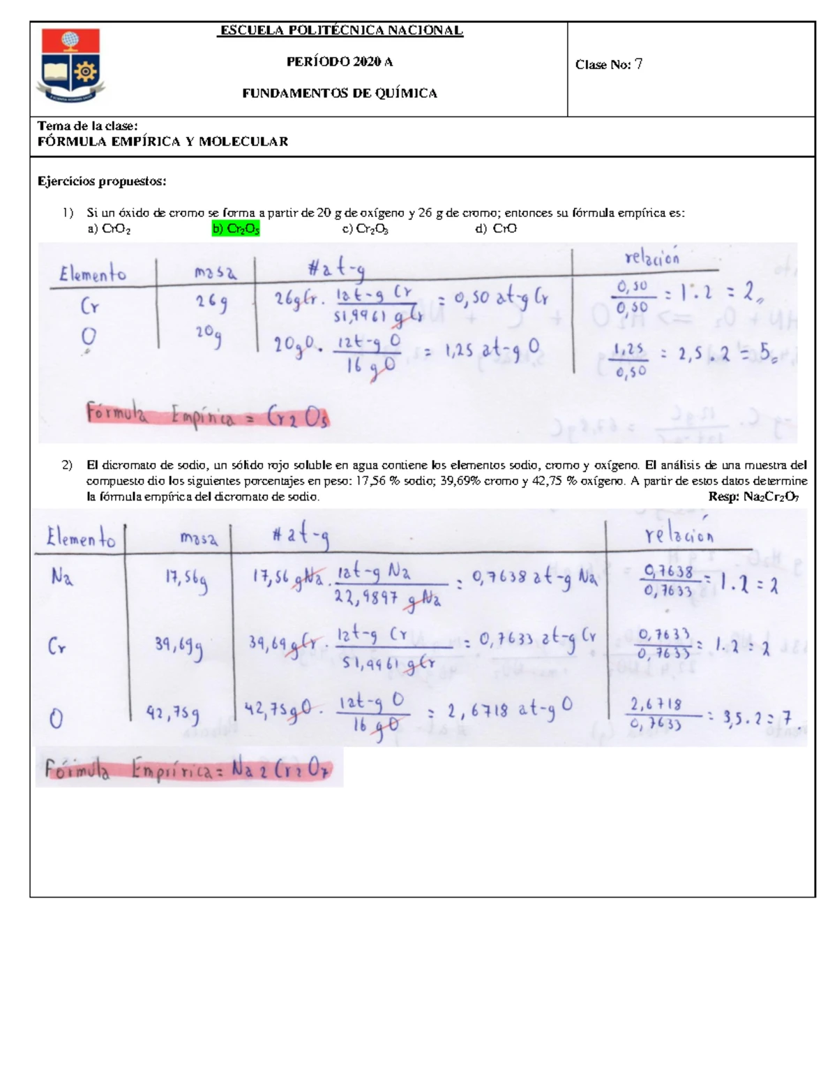 Unidad 1 Fórmula Empírica y Fórmula Molecular Ejercicios de Aplicación ...