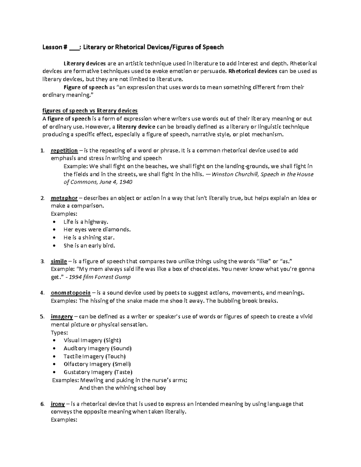 Literary Devices - Lesson # ___: Literary or Rhetorical Devices/Figures ...