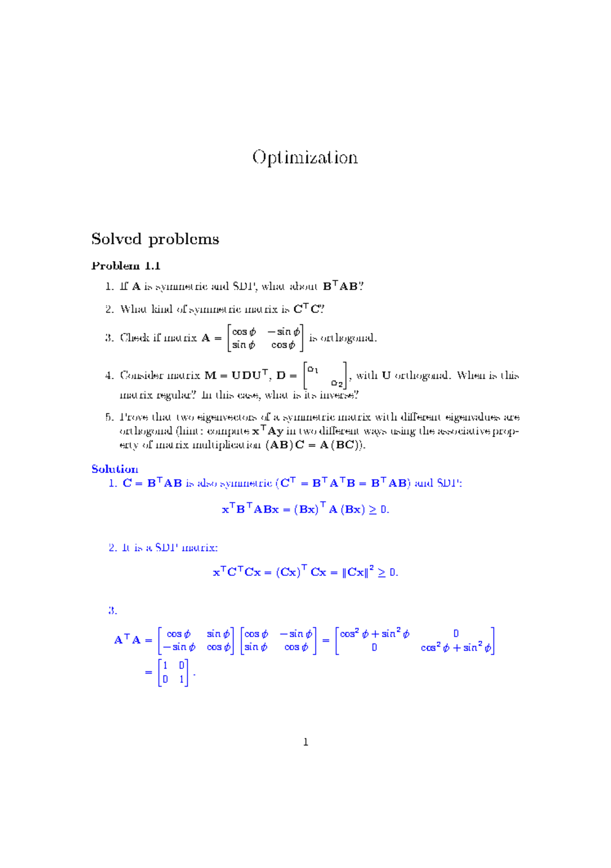 Asec-opt-prob-2024-2025 - Optimization Solved problems Problem 1. If A is symmetric and SDP ...