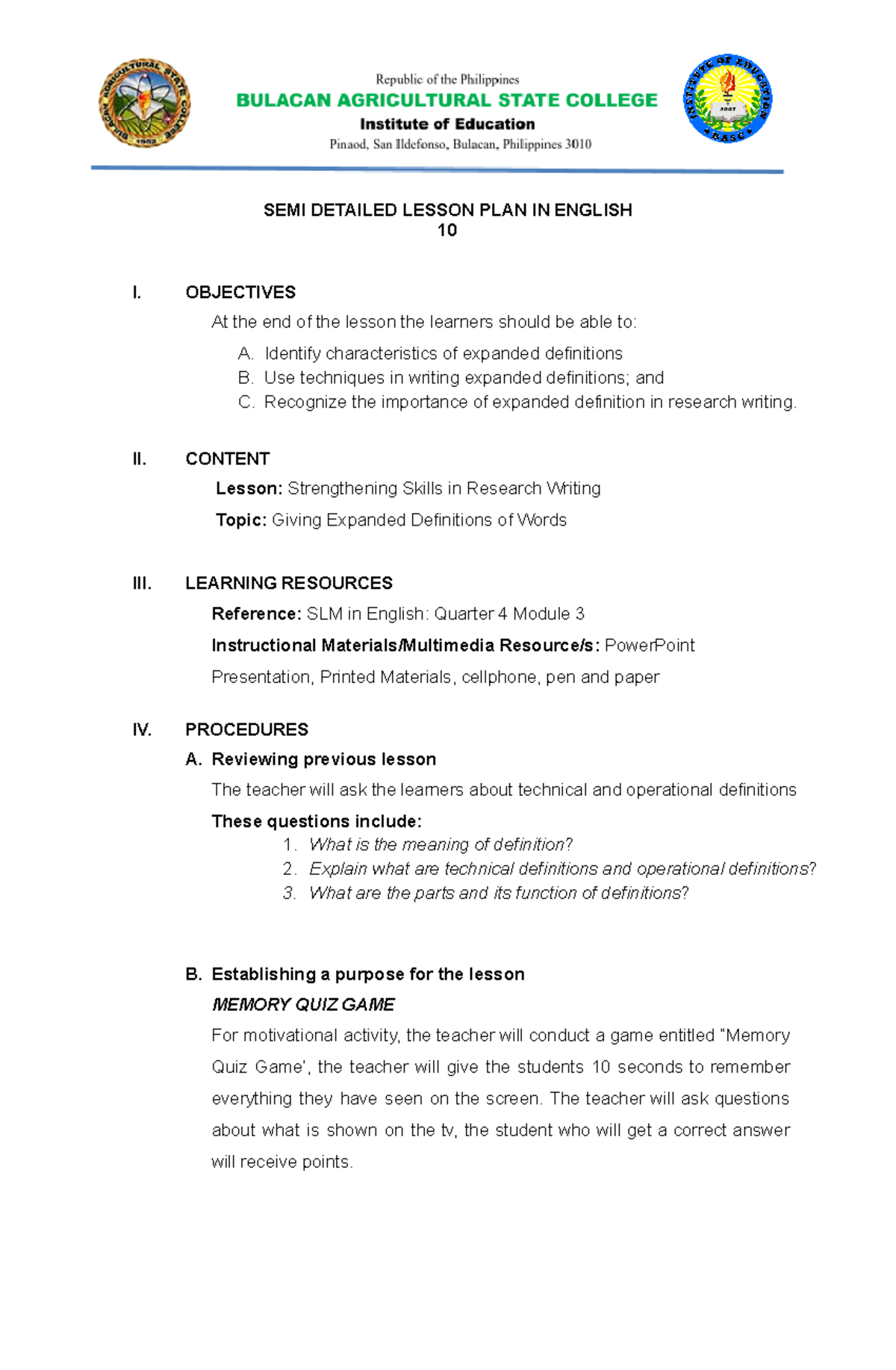Quarter 4 module 3-SDLP - SEMI DETAILED LESSON PLAN IN ENGLISH 10 I. OBJECTIVES At the end of ...