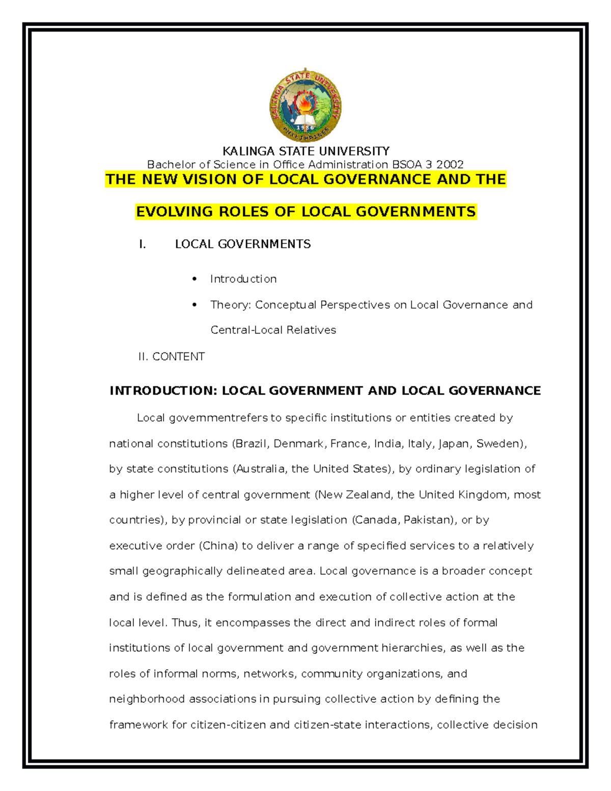 THE NEW Vision OF Local Governance AND THE Evolving Roles OF Local ...