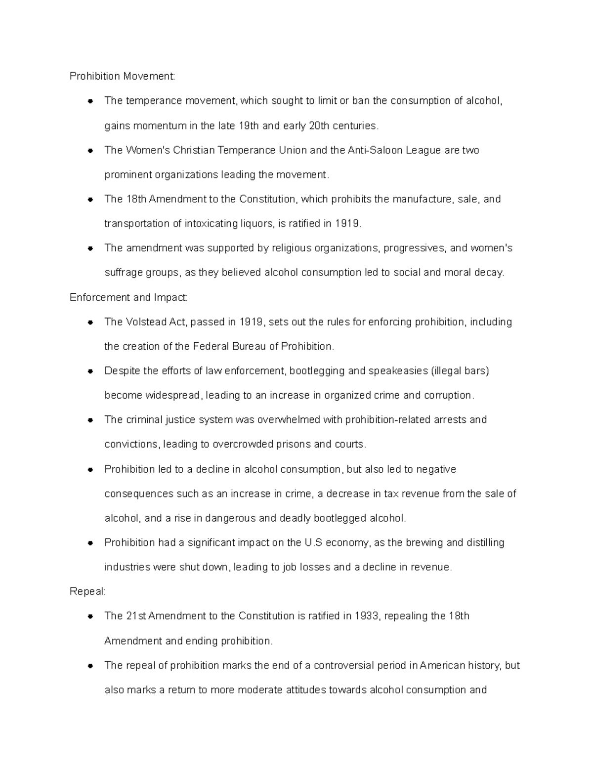 HIST 202 - Prohibition - Prohibition Movement: The temperance movement ...