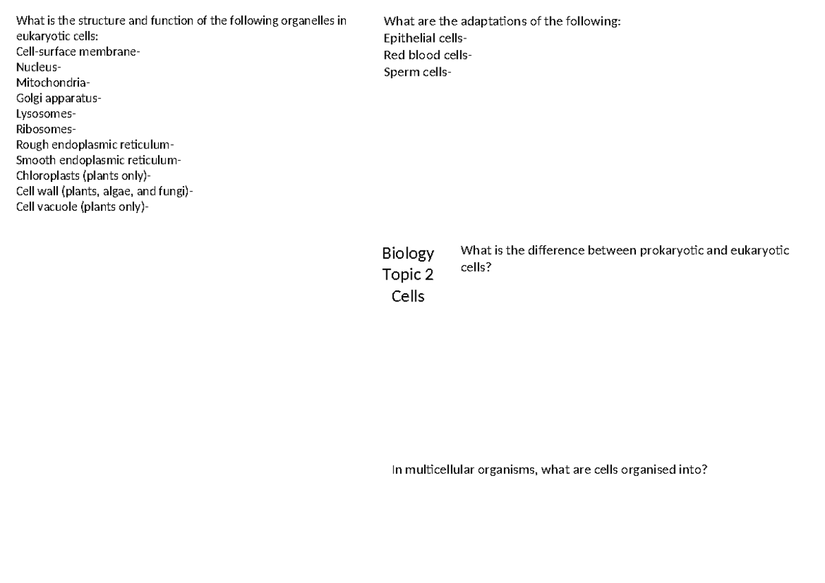 Bio Topic 2 Cells - Biology Topic 2 Cells What is the structure and ...