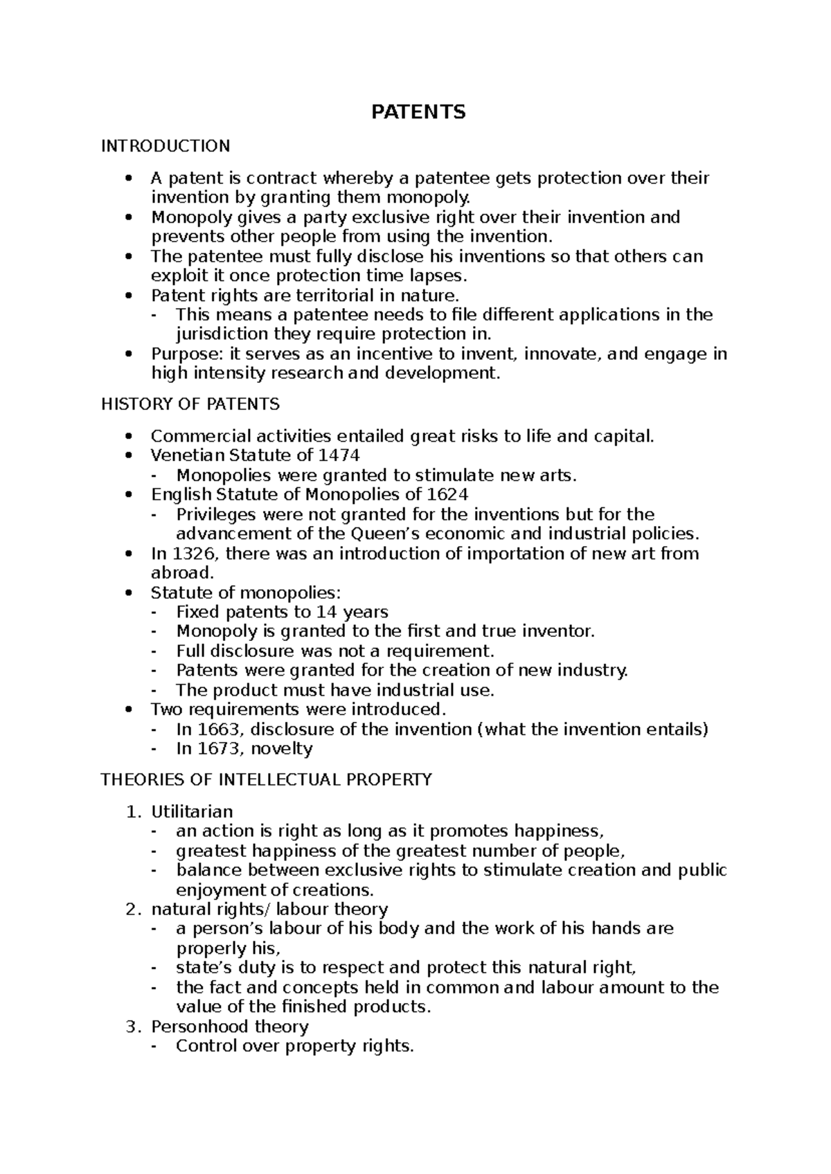 Intellectual Property notes- Patents & Copyright - PATENTS INTRODUCTION ...
