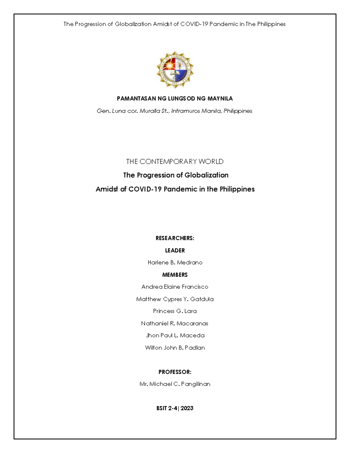 3.Sanmple Final Paper - Example - PAMANTASAN NG LUNGSOD NG MAYNILA Gen ...