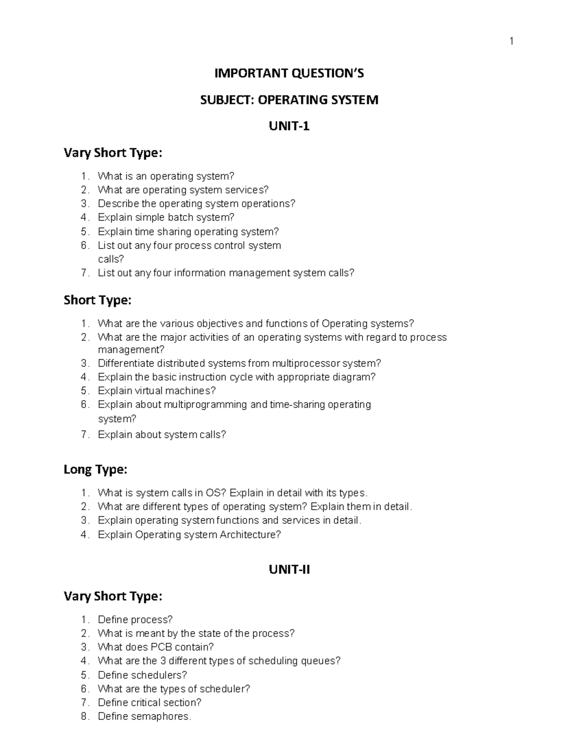 Operating system important - 1 IMPORTANT QUESTION’S SUBJECT: OPERATING ...