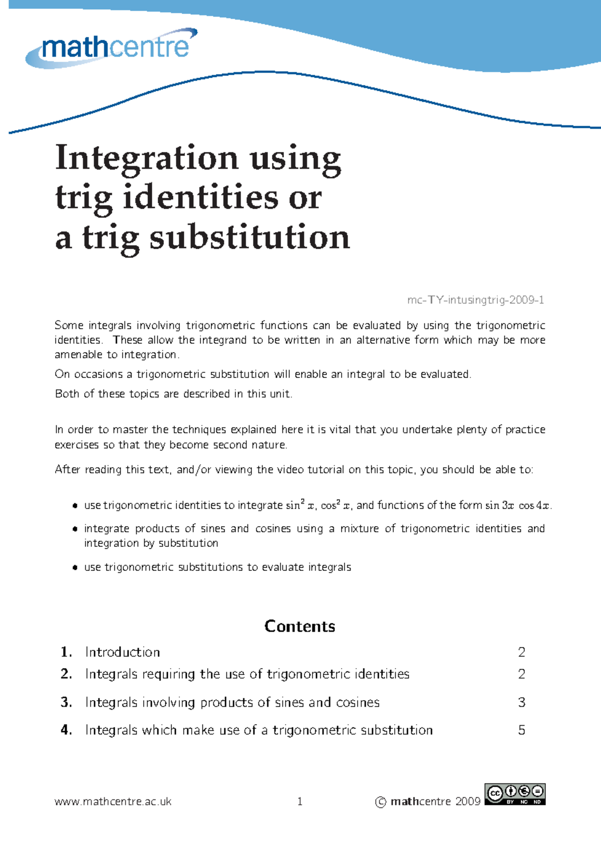 integration trig - Integration using trig identities or a trig ...