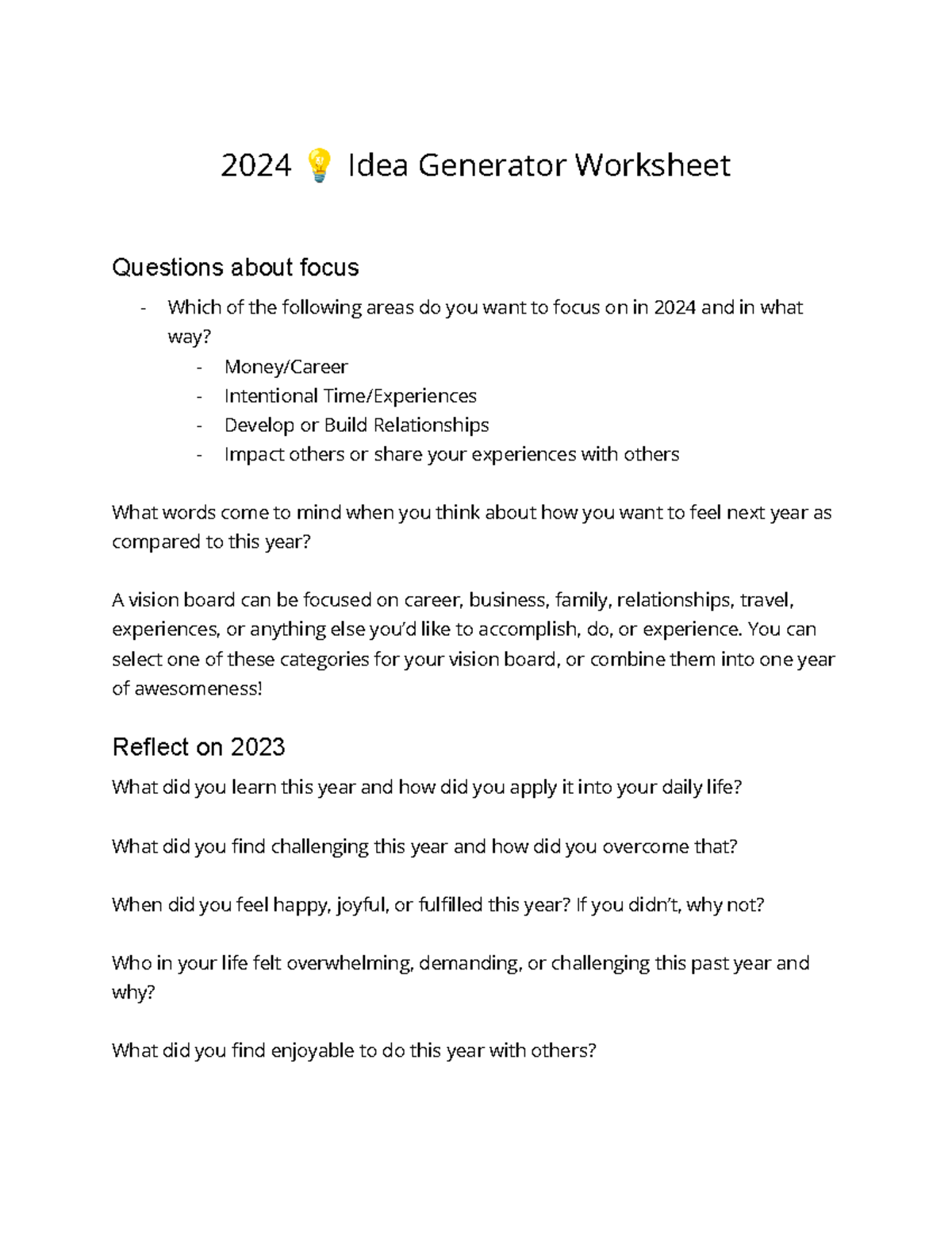 2024 💡 Idea Generator Worksheet - 2024 💡 Idea Generator Worksheet ...
