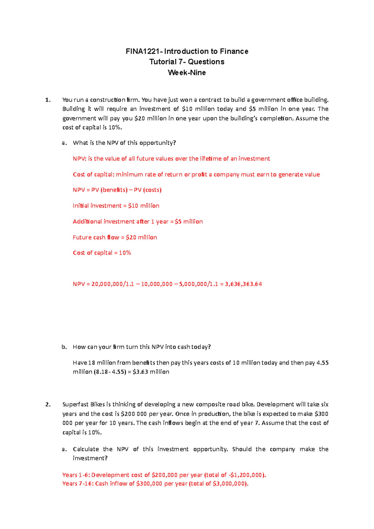 Tutorial 7 Week 9 questions - FINA1221- Introduction to Finance ...