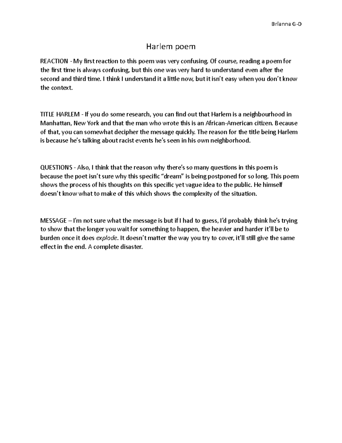 Harlem - English - Brianna G-D Harlem poem REACTION - My first reaction ...