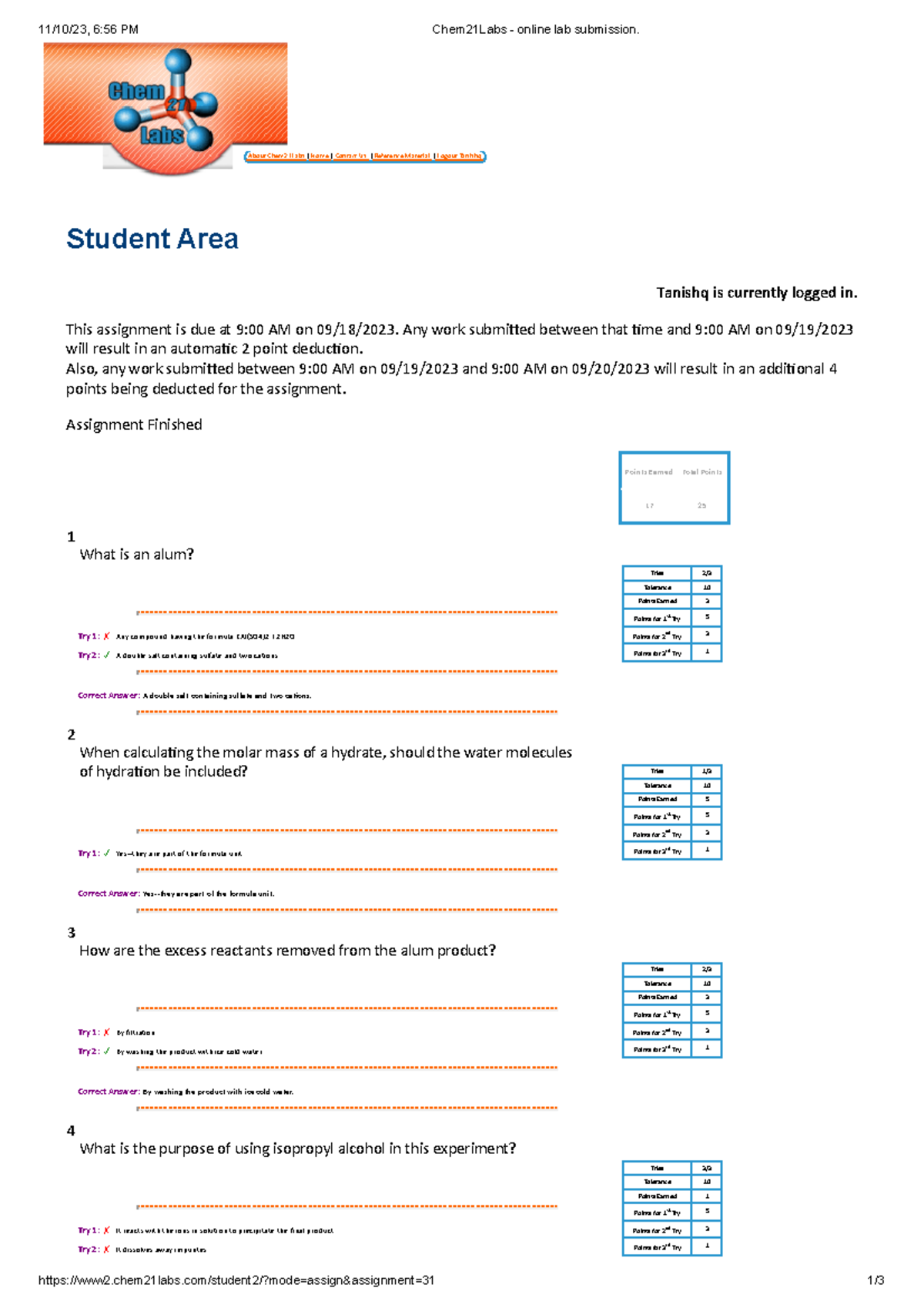 Pre Laboratory quiz 3 - 11/10/23, 6:56 PM Chem21Labs - online lab ...