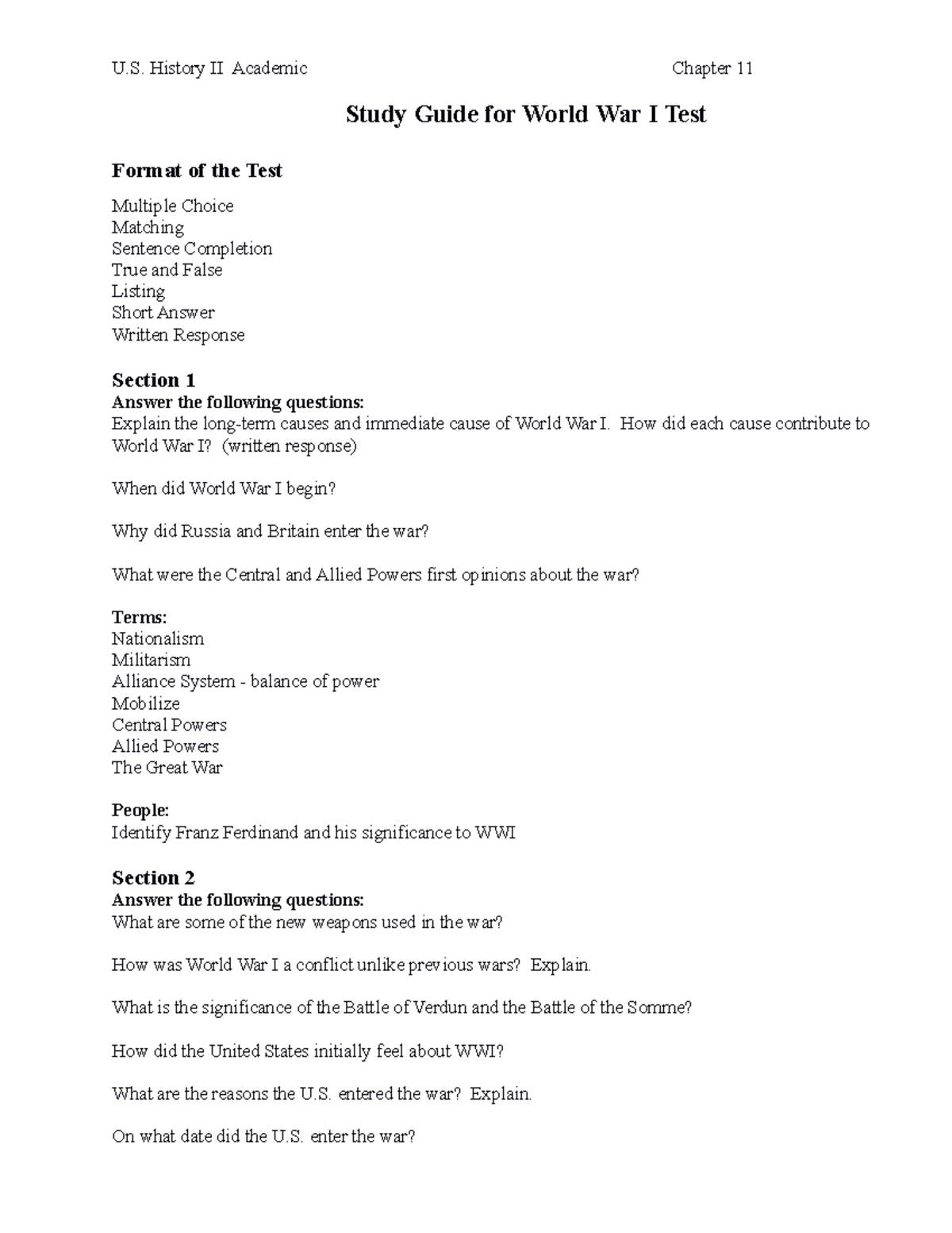 Study Guide WWI Academic - U. History II Academic Chapter 11 Study ...