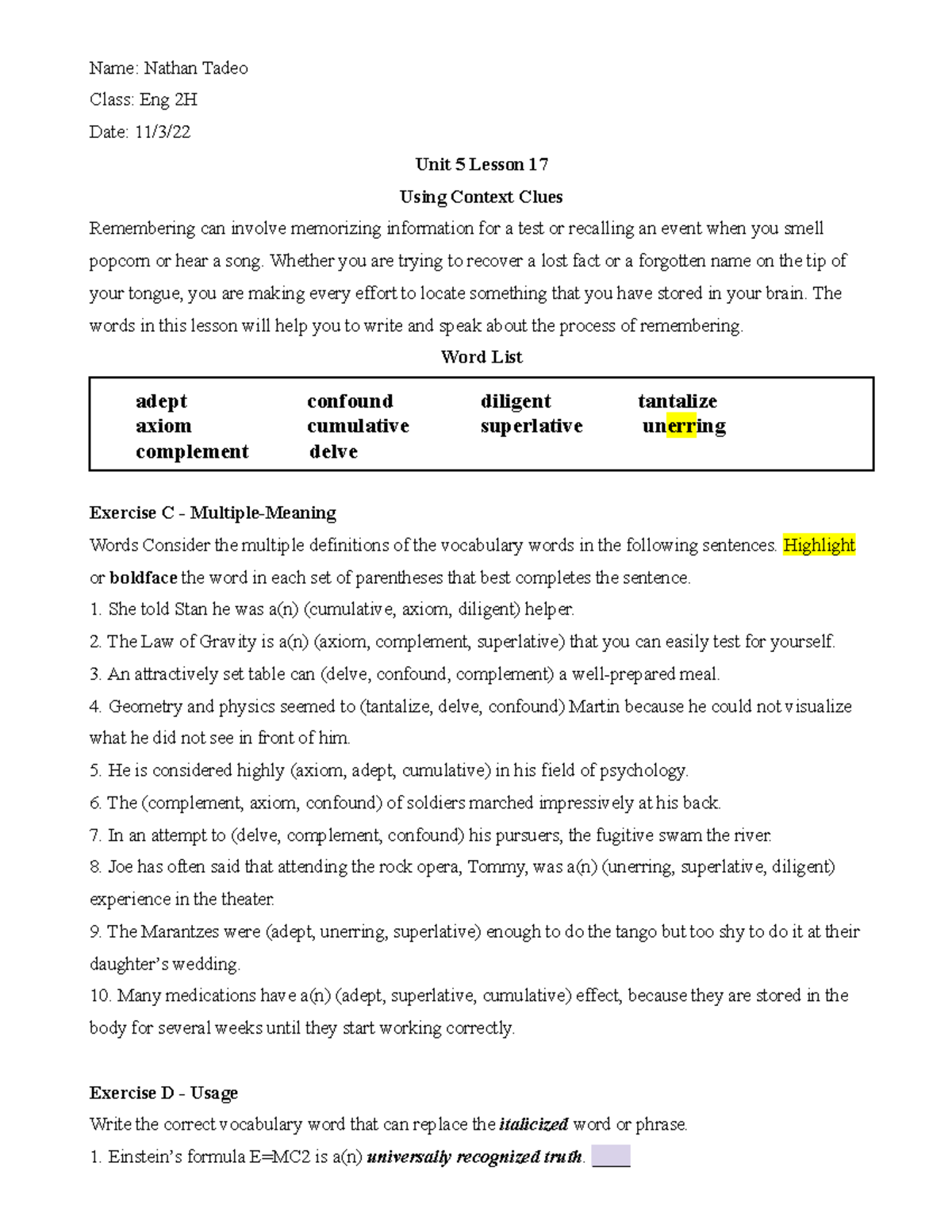 Copy of Eng2 Lesson 17 Ex C-D - Name: Nathan Tadeo Class: Eng 2H Date ...
