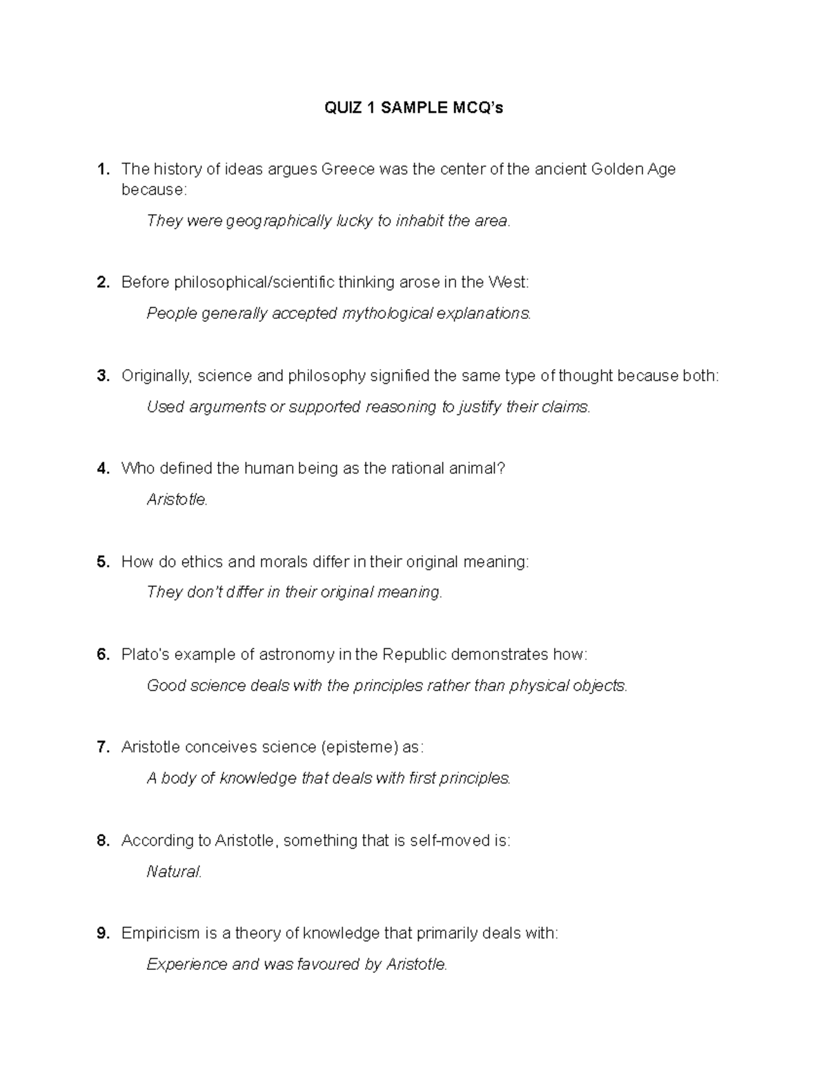 QUIZ 1 Sample MCQ - Practice MCQ questions - QUIZ 1 SAMPLE MCQ’s The ...