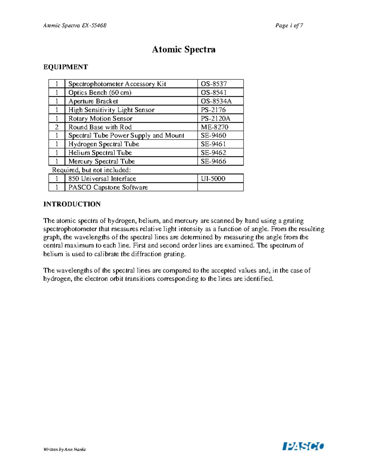 Atomic Spectra - Experiment - Atomic Spectra EQUIPMENT 1 ...