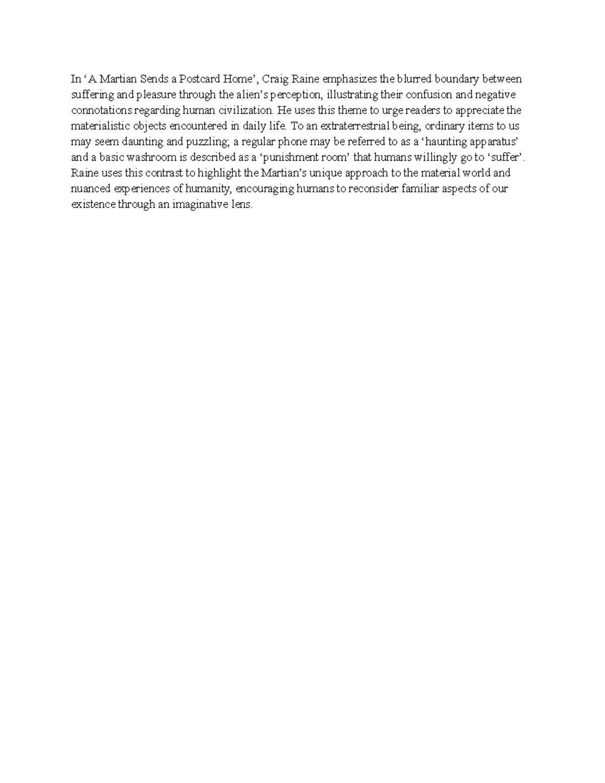 SSH205 HW2 - hw2 - In ‘A Martian Sends a Postcard Home’, Craig Raine ...