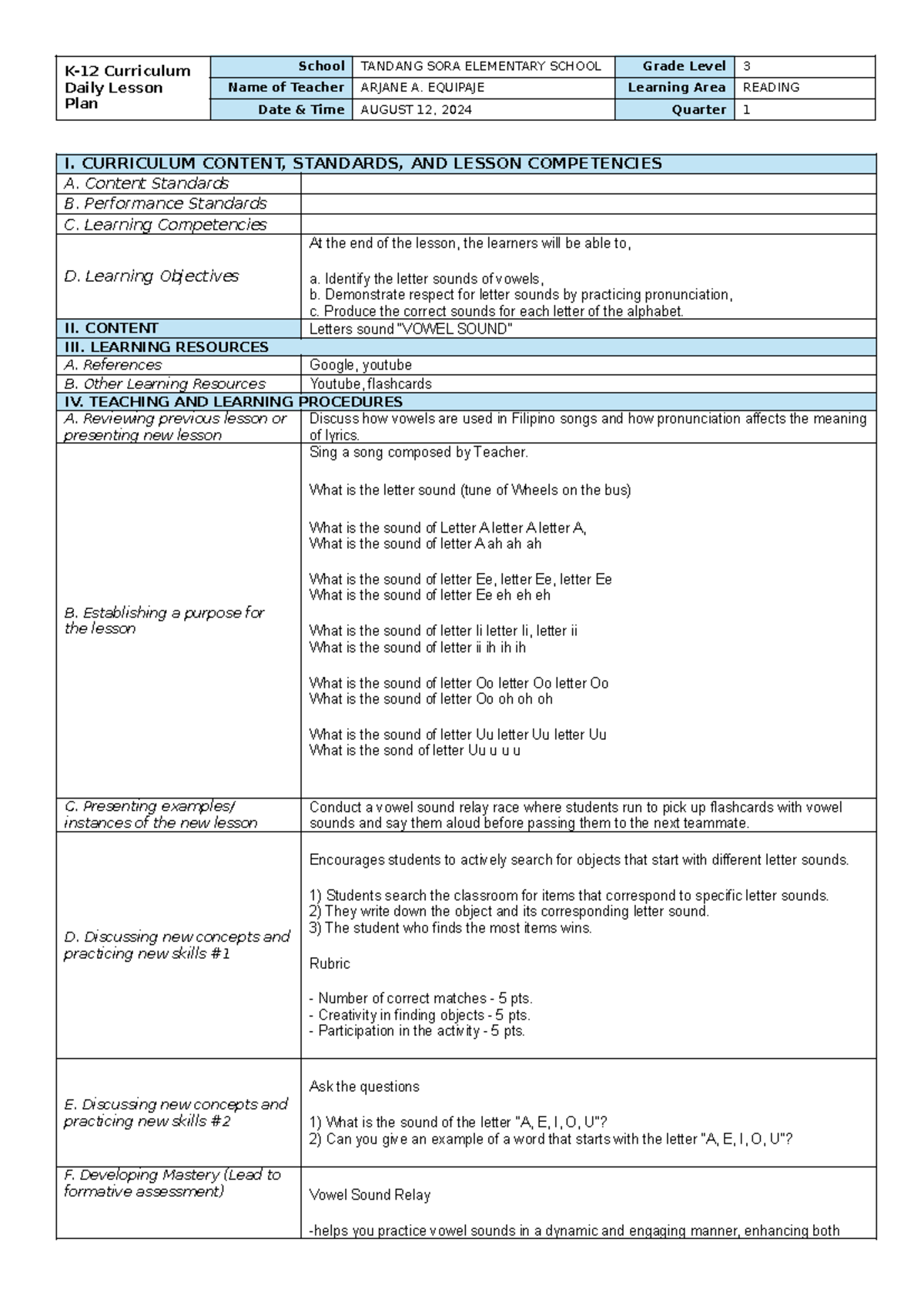 Grade-3-DLP August 12 - READING DLP - K-12 Curriculum Daily Lesson Plan ...